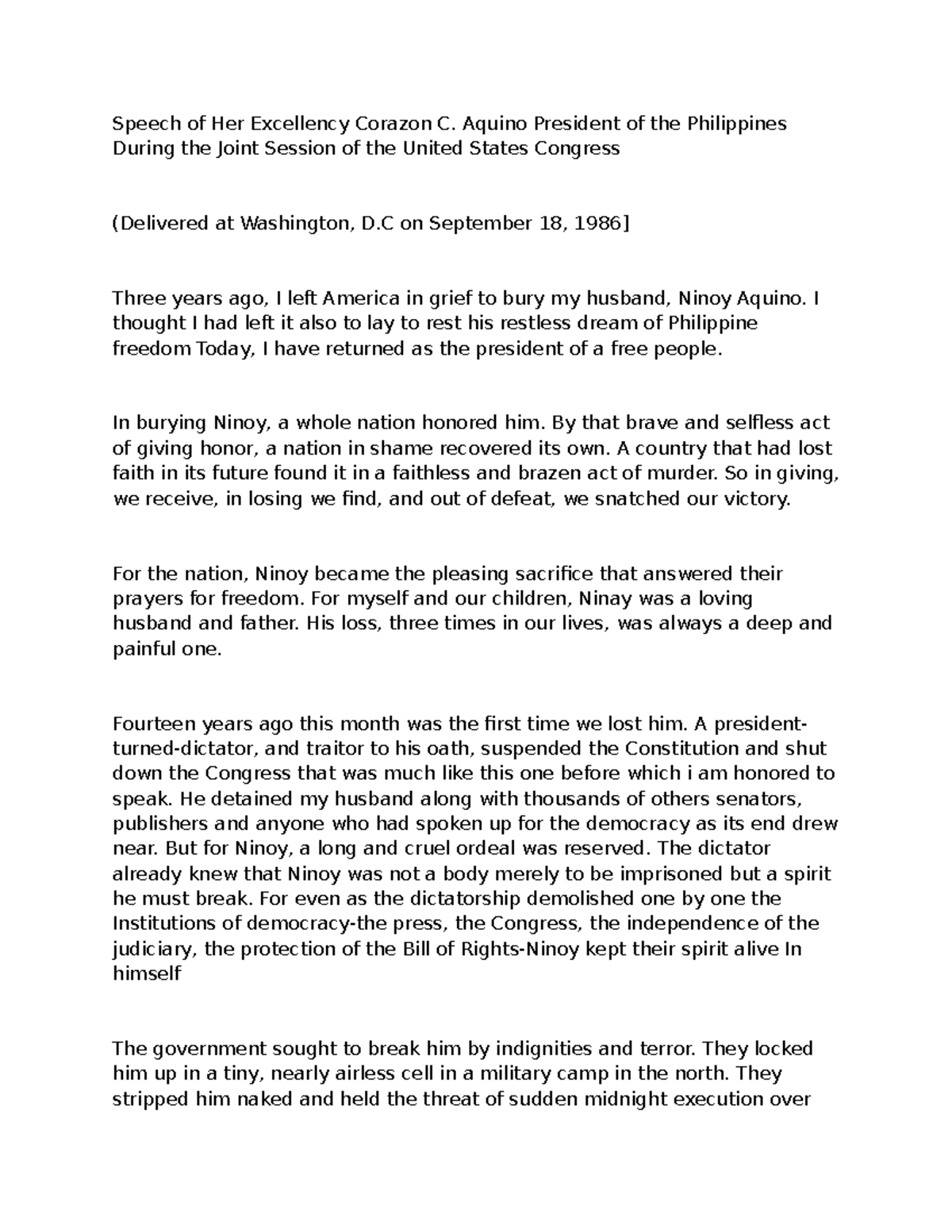 Address to the U.S. Congress by President Corazon C. Aquino - Studocu