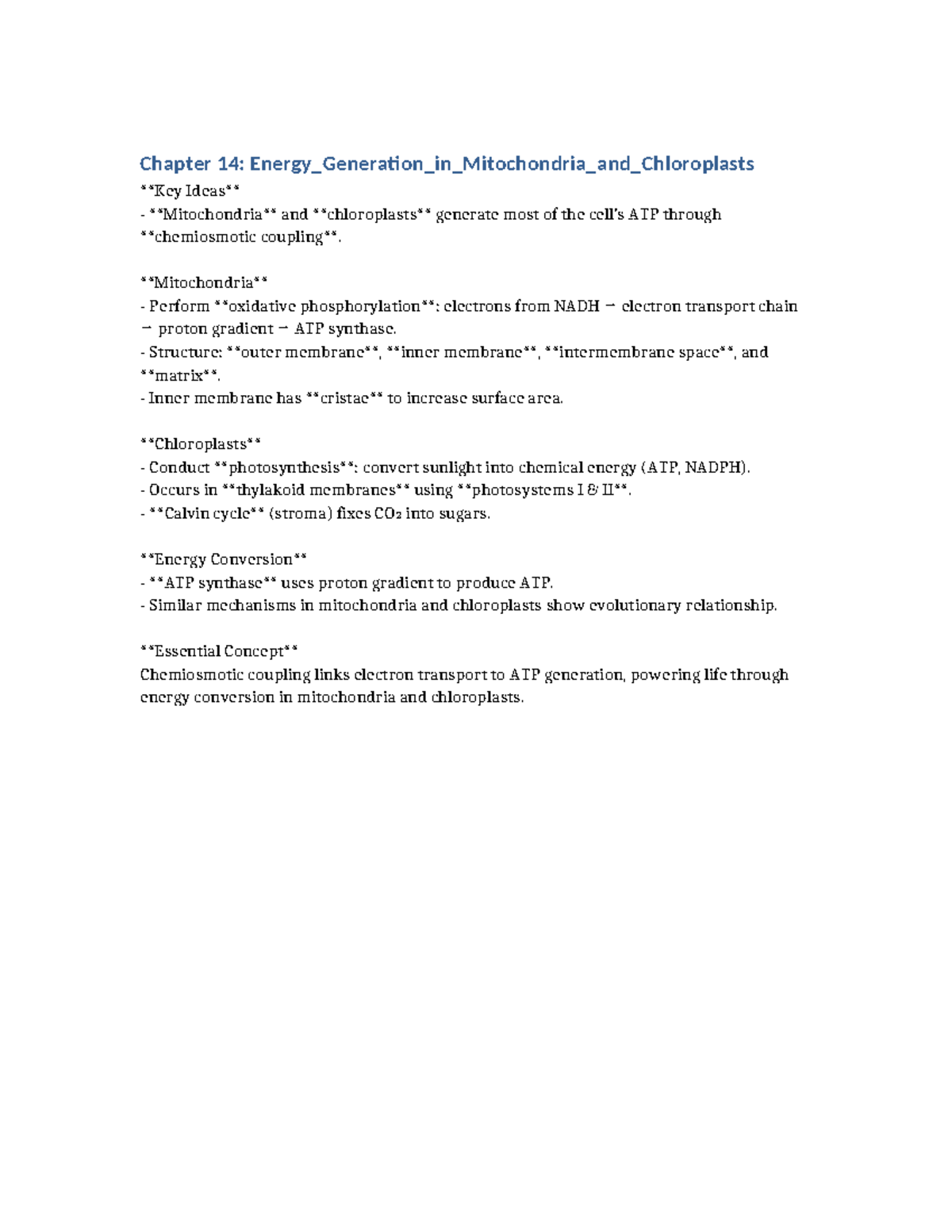 Chapter 14 Energy Generation in Mitochondria and Chloroplasts Review ...