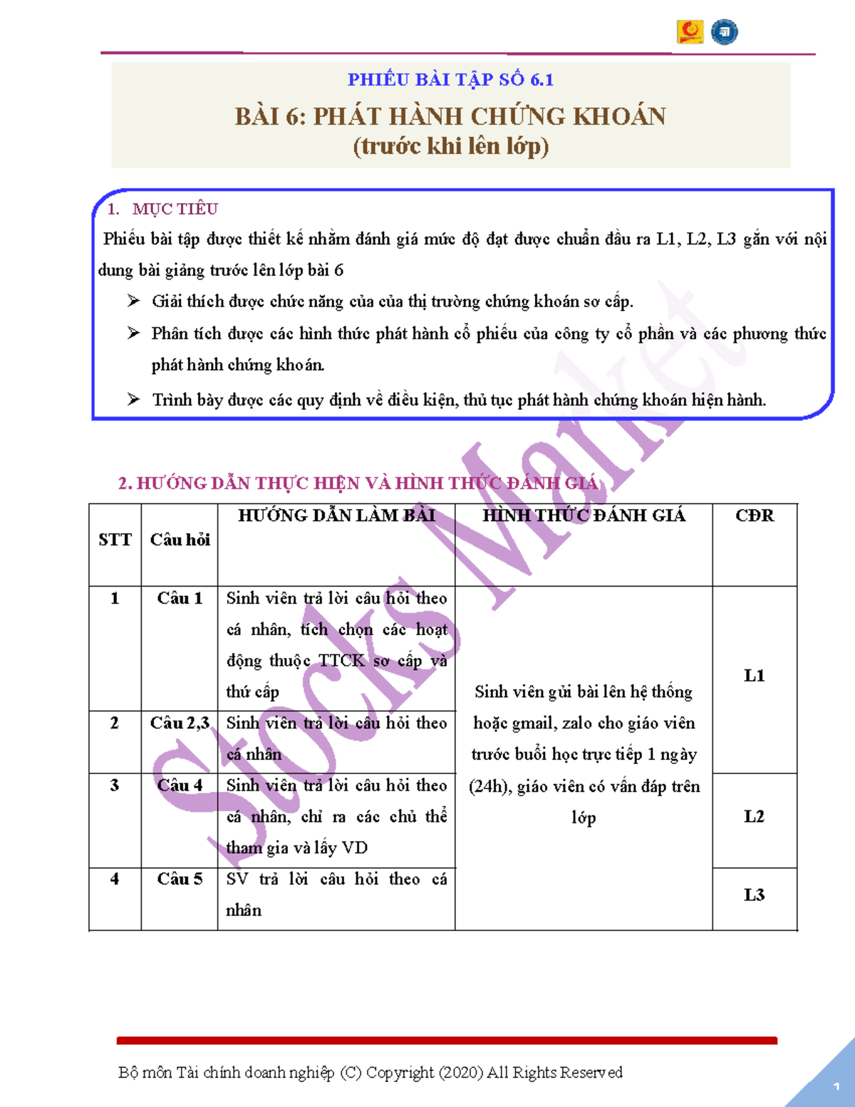 Bài 6: Phiếu Bài Tập 6.1 - Phát Hành Chứng Khoán (Trước Lớp) - Studocu