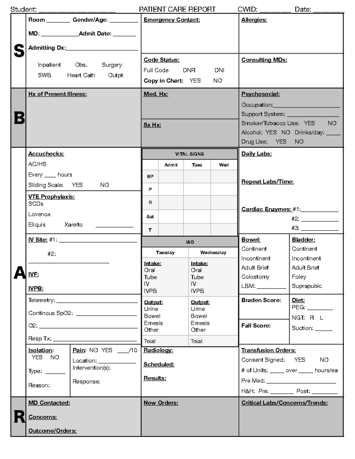 SBAR Template for Clinical Practice Use - Patient Care Report - Studocu