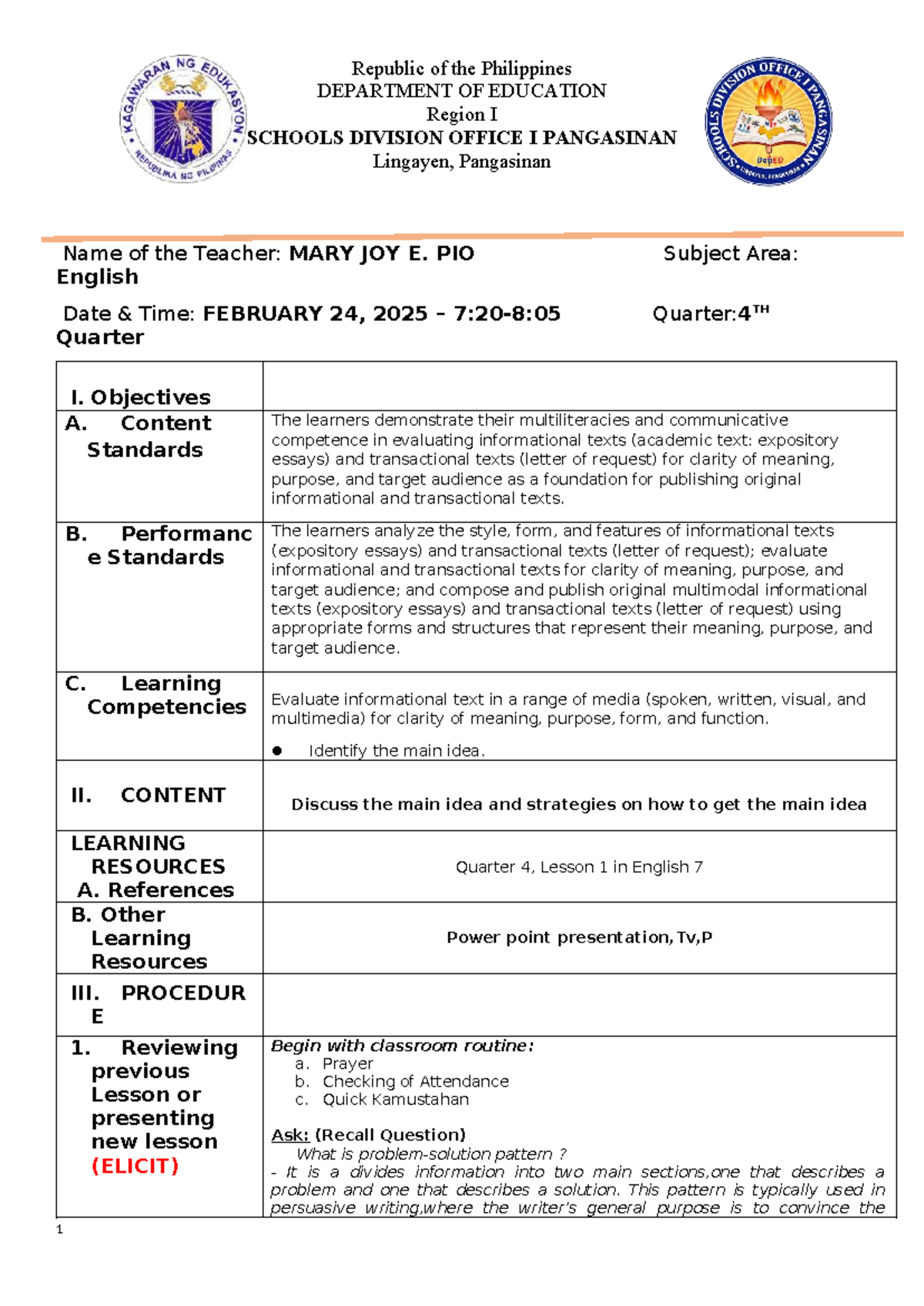 DLP - Daily Lesson Plan Sample for English 7: Quarter 4, Lesson 1 - Studocu