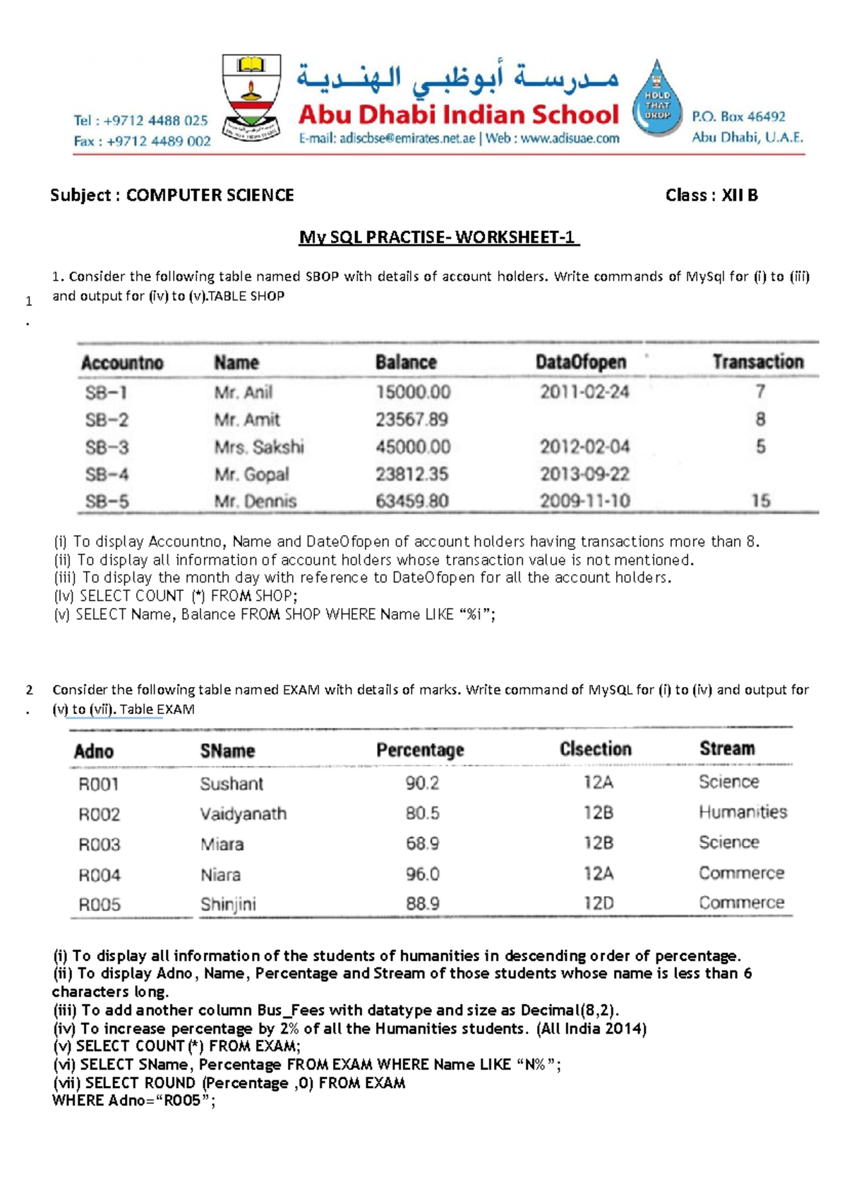 XII CSC SQL Practise Worksheet 1 2023 - Subject : COMPUTER SCIENCE ...