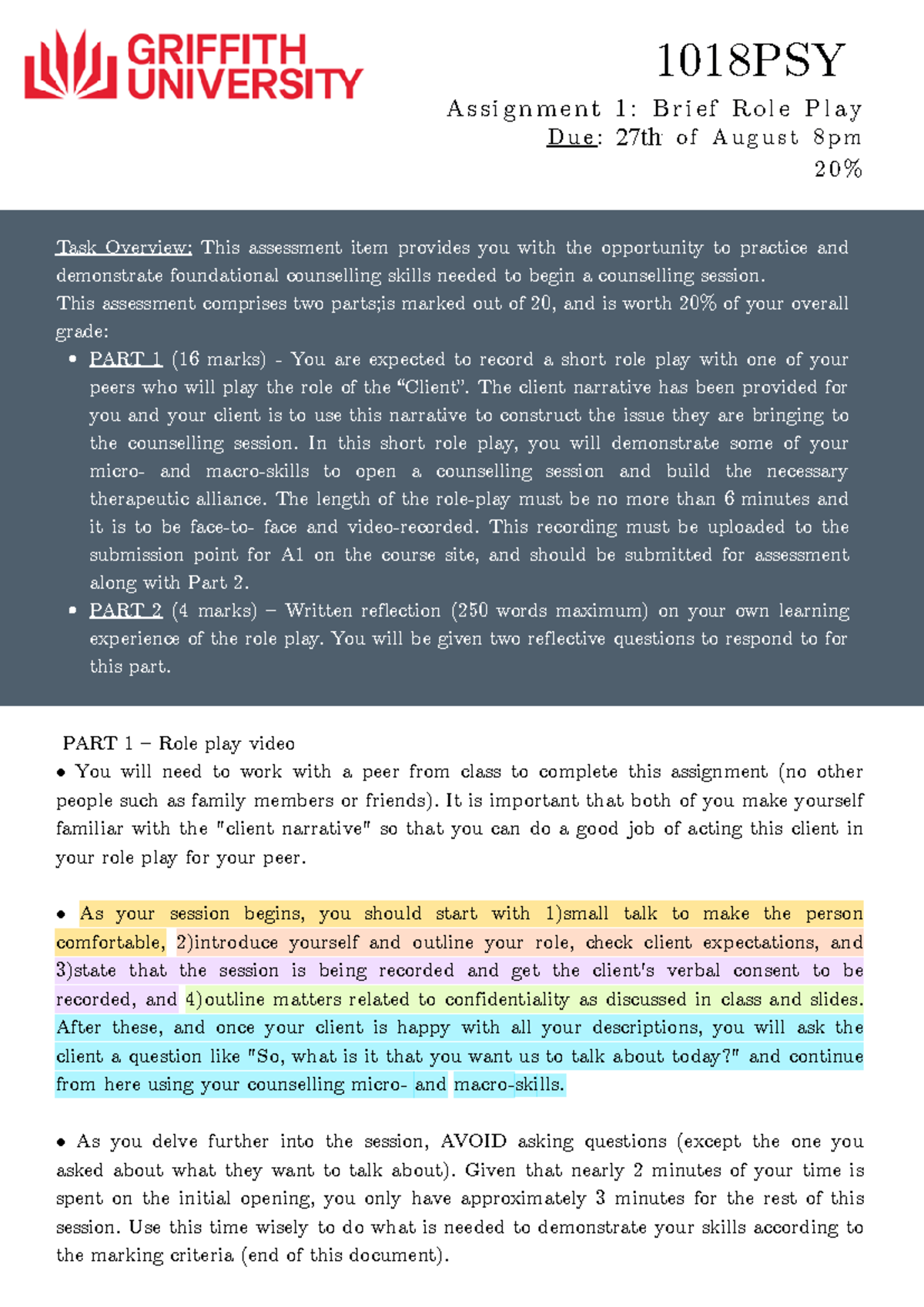 1018PSY Assignment 1: Role Play Guidelines & Reflection - Studocu