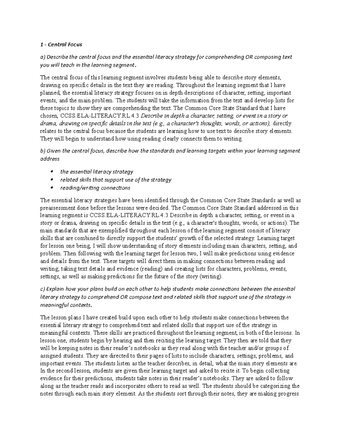 Planning Commentary Elementary Literacy - 1 - Central Focus a) Describe ...