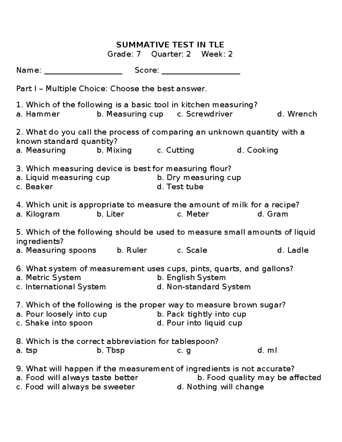 SUMMATIVE TEST TLE 7 Q2 W2 - Kitchen Measurement Concepts - Studocu
