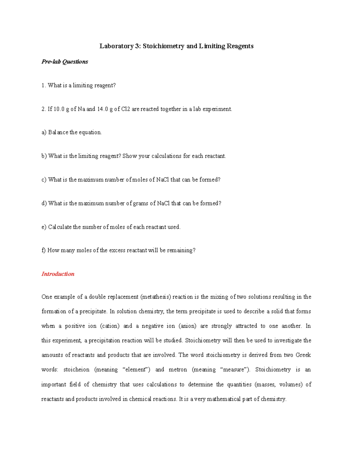 Lab 3: Stoichiometry & Limiting Reagents in Chemistry Experiment - Studocu