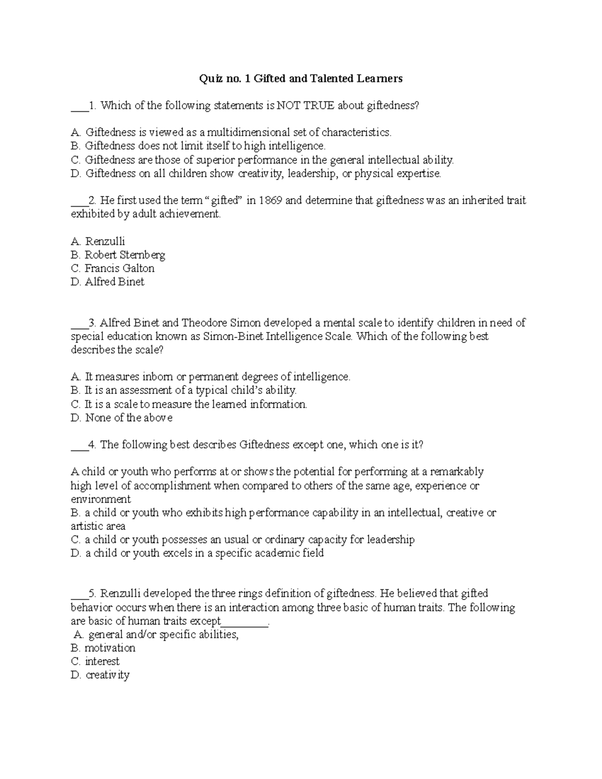 Quiz on Gifted and Talented Learners - Past Quiz Review - Studocu