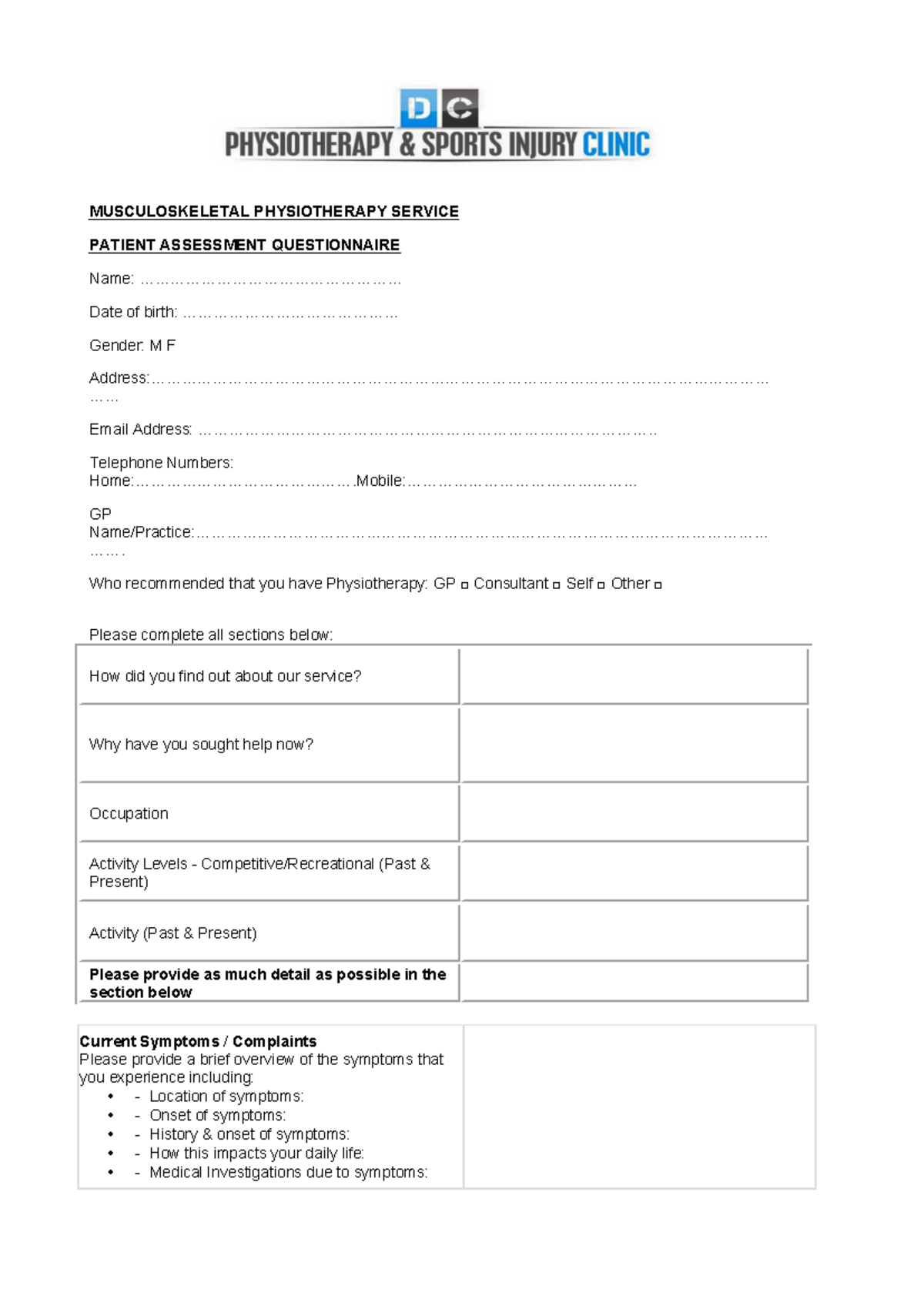 Physio-Intake Form - Musculoskeletal Assessment Questionnaire - Studocu