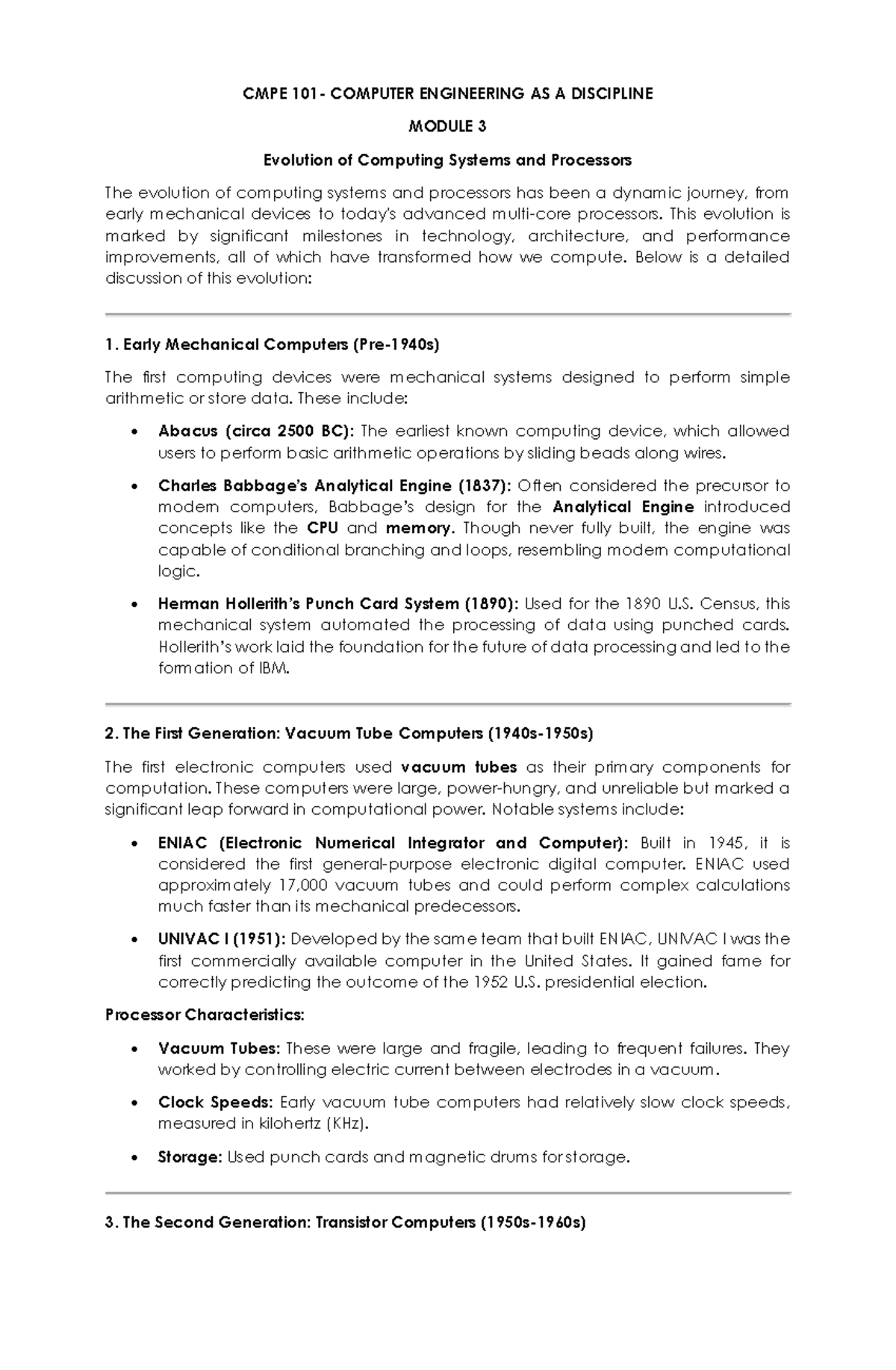 CMPE 101 Module 3: The Evolution of Computing Systems & Processors - Studocu