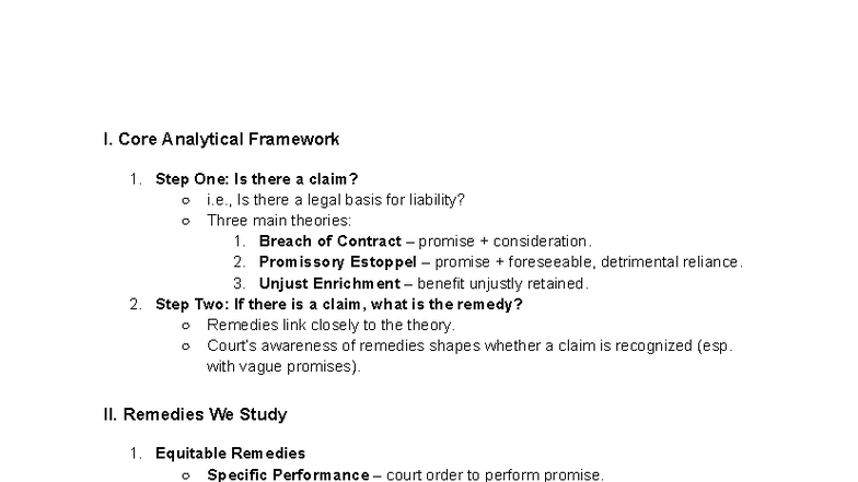 Contract Law Outline: Claims, Remedies, and Breach Analysis - Studocu