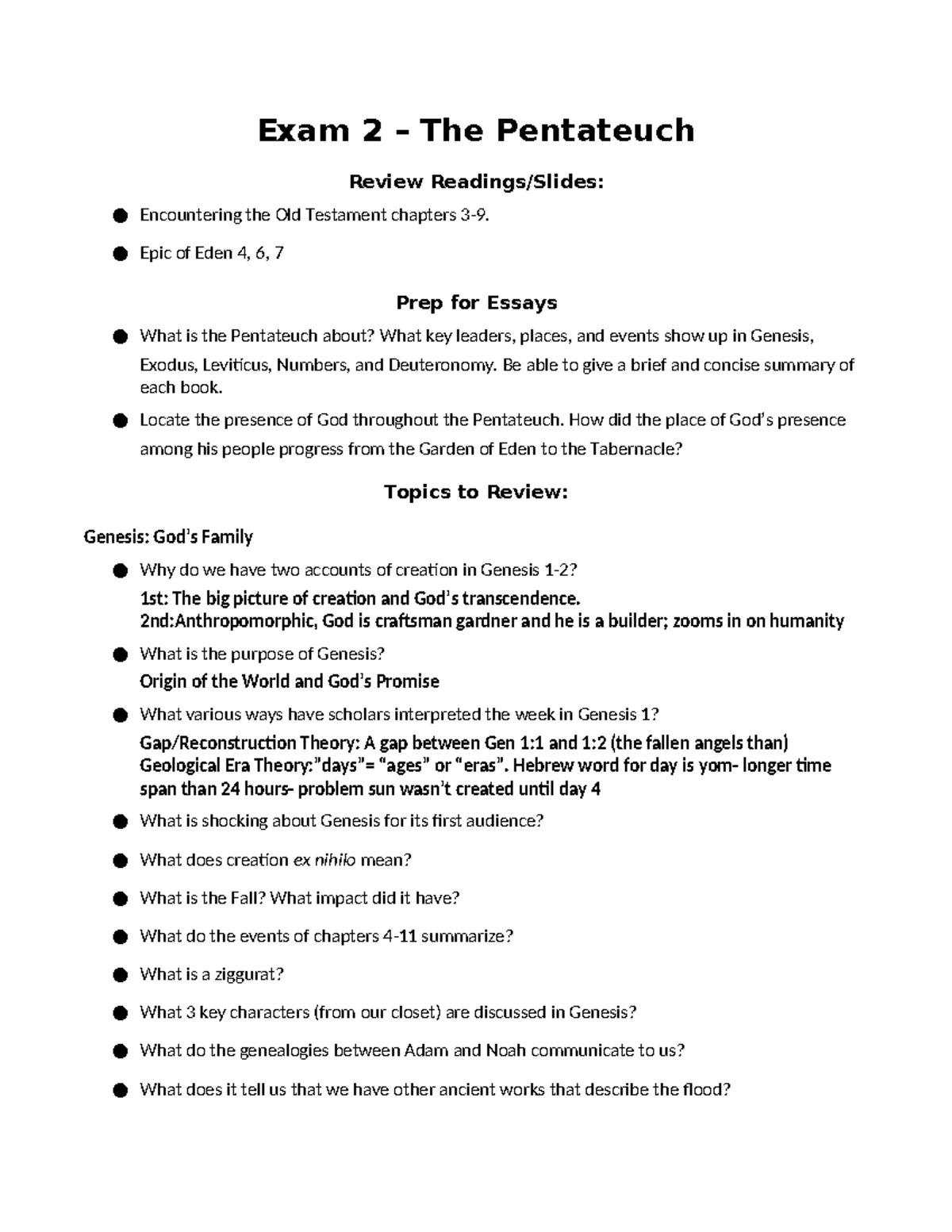 Exam 2 Study Guide: Key Topics in the Pentateuch from Encountering the ...