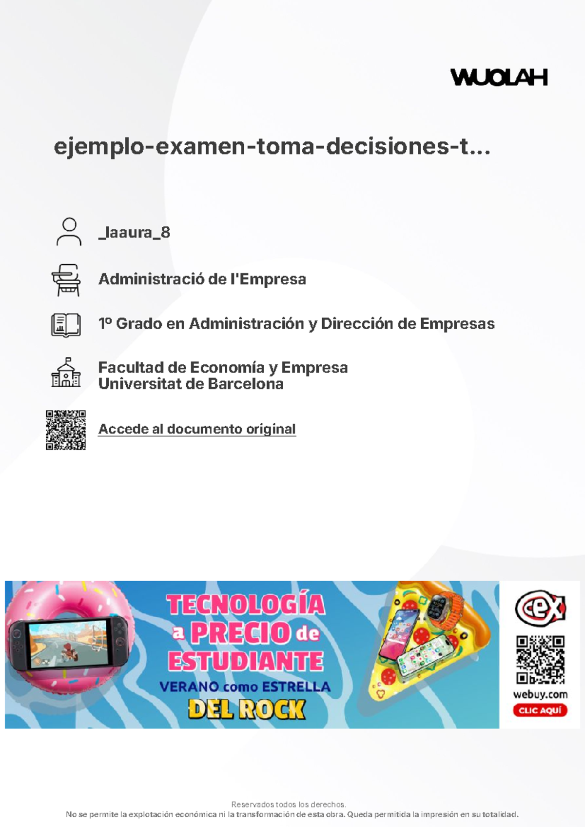 Examen Tipo Test: Toma de Decisiones - 1º Grado ADE - Studocu