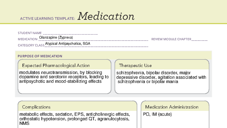 ACTIVE LEARNING TEMPLATE: Olanzapine (Zyprexa) Med Card Review - Studocu