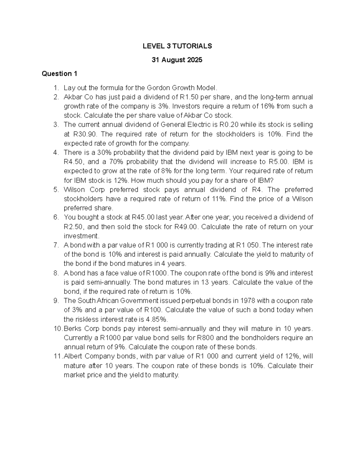 LEVEL 3 TUTORIALS: DCF Questions and Gordon Growth Model Analysis - Studocu