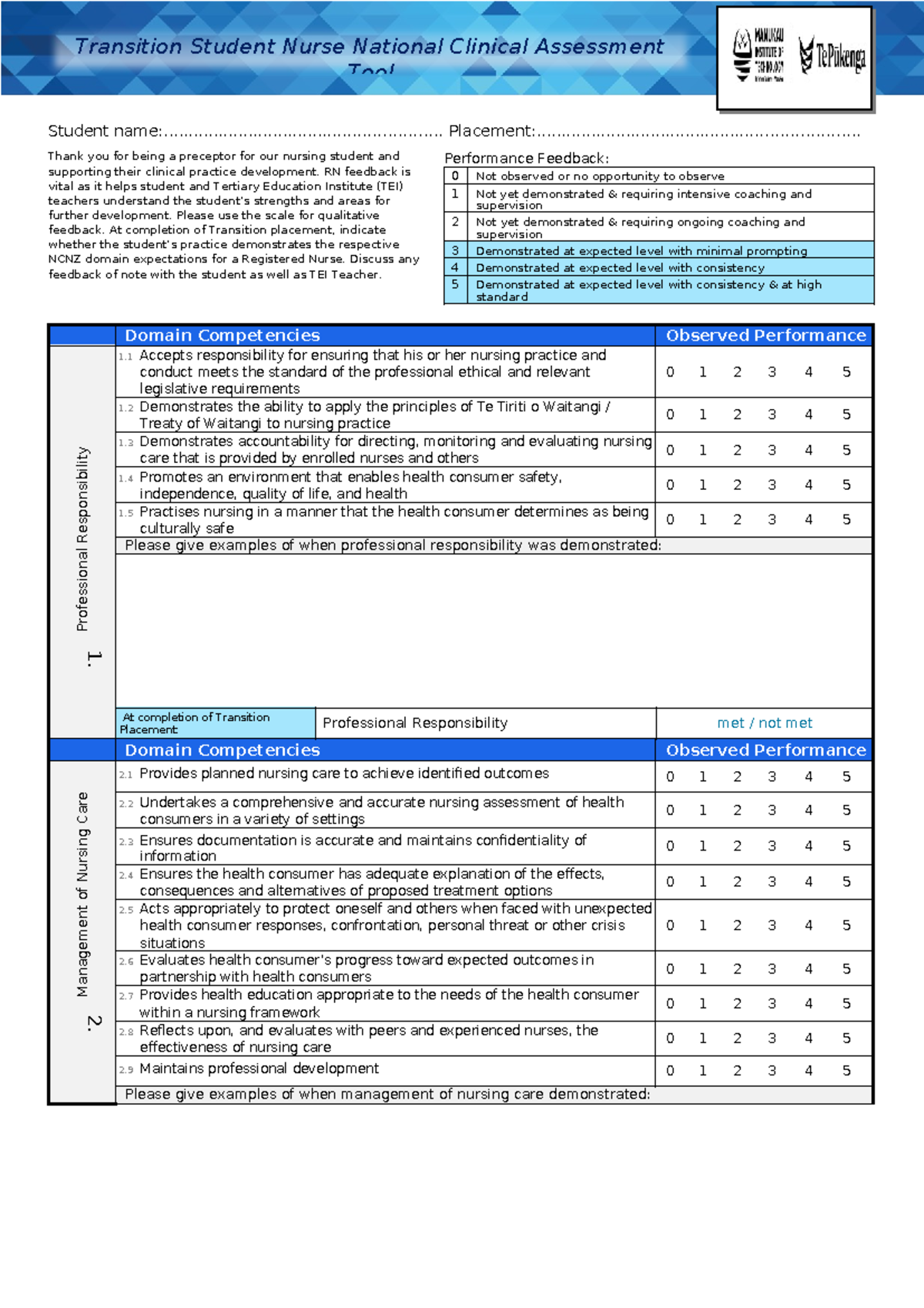 Transition Student Nurse Clinical Assessment Tool - RN Feedback Form ...