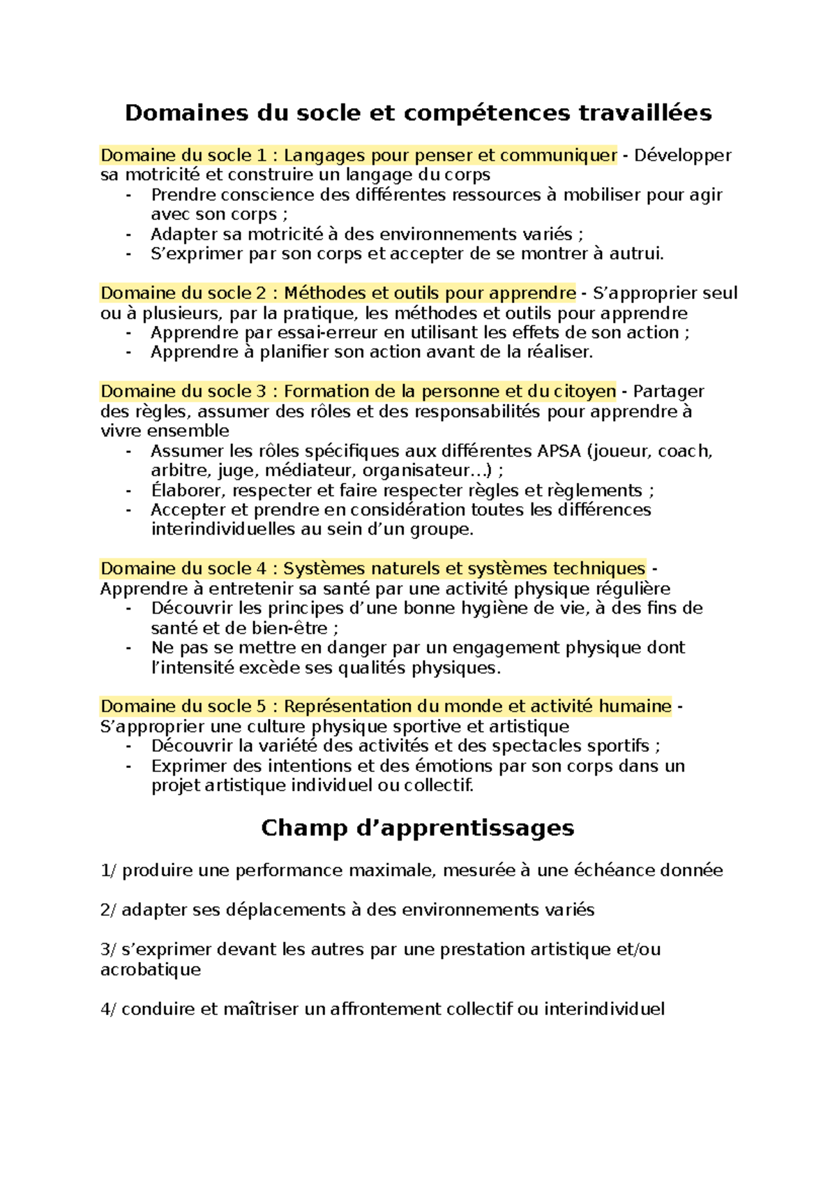 Domaines du socle et compétences travaillées en Éducation Physique ...