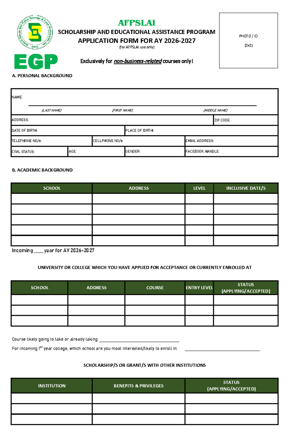 AFPSLAI EGP Scholarship Application Form for AY 2x2 - Studocu