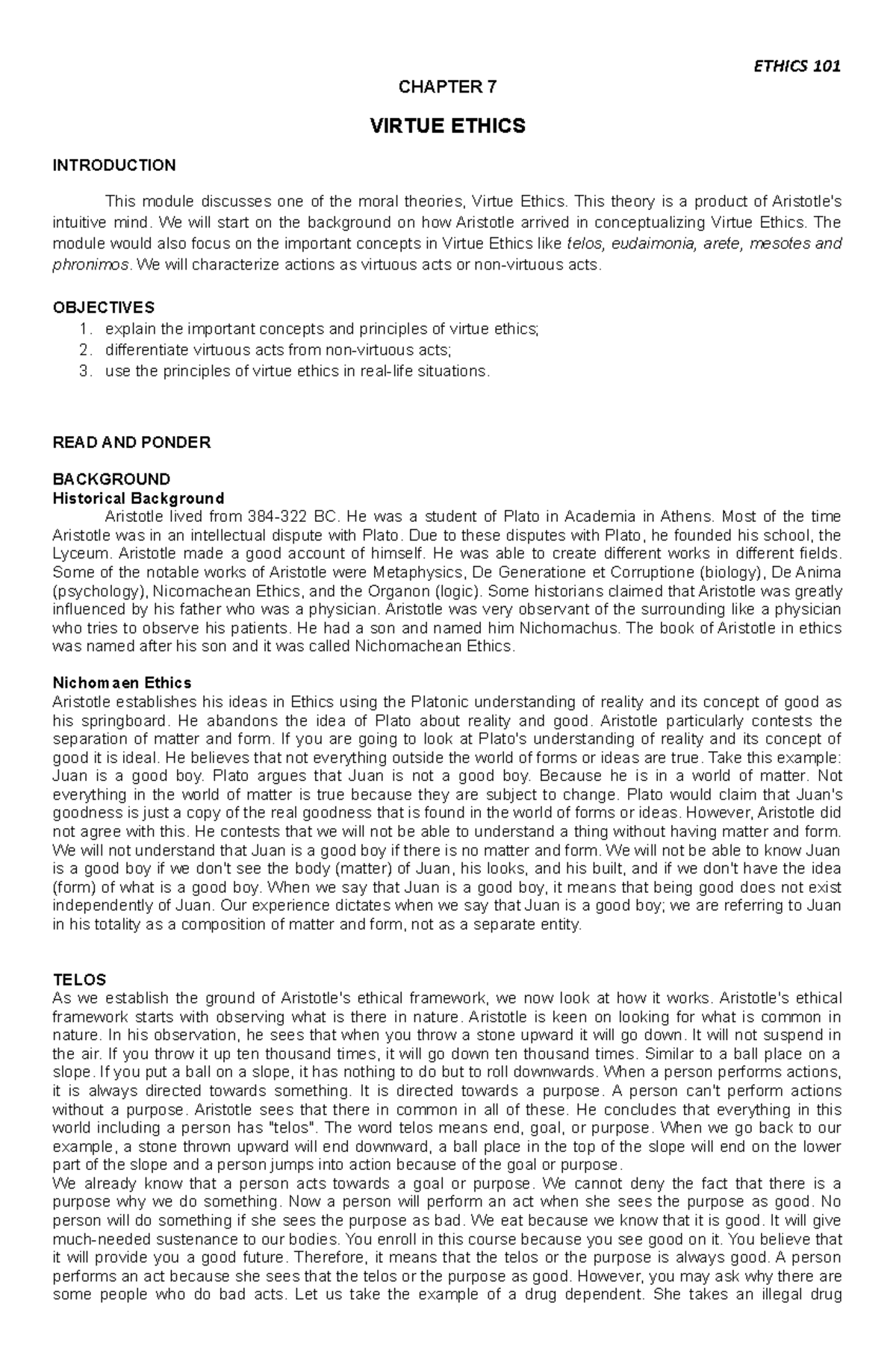Chapter 7: Understanding Virtue Ethics in Ethics 101 - Studocu
