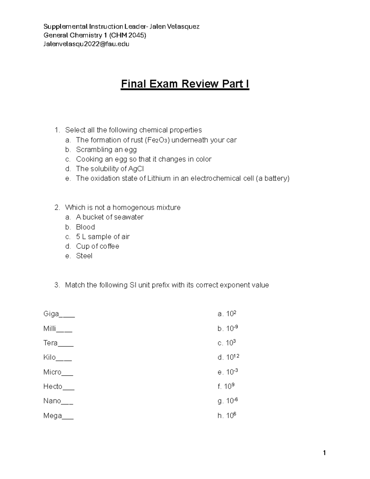 CHM 2045 Final Exam Review: Key Concepts & Practice Problems Part I - Studocu