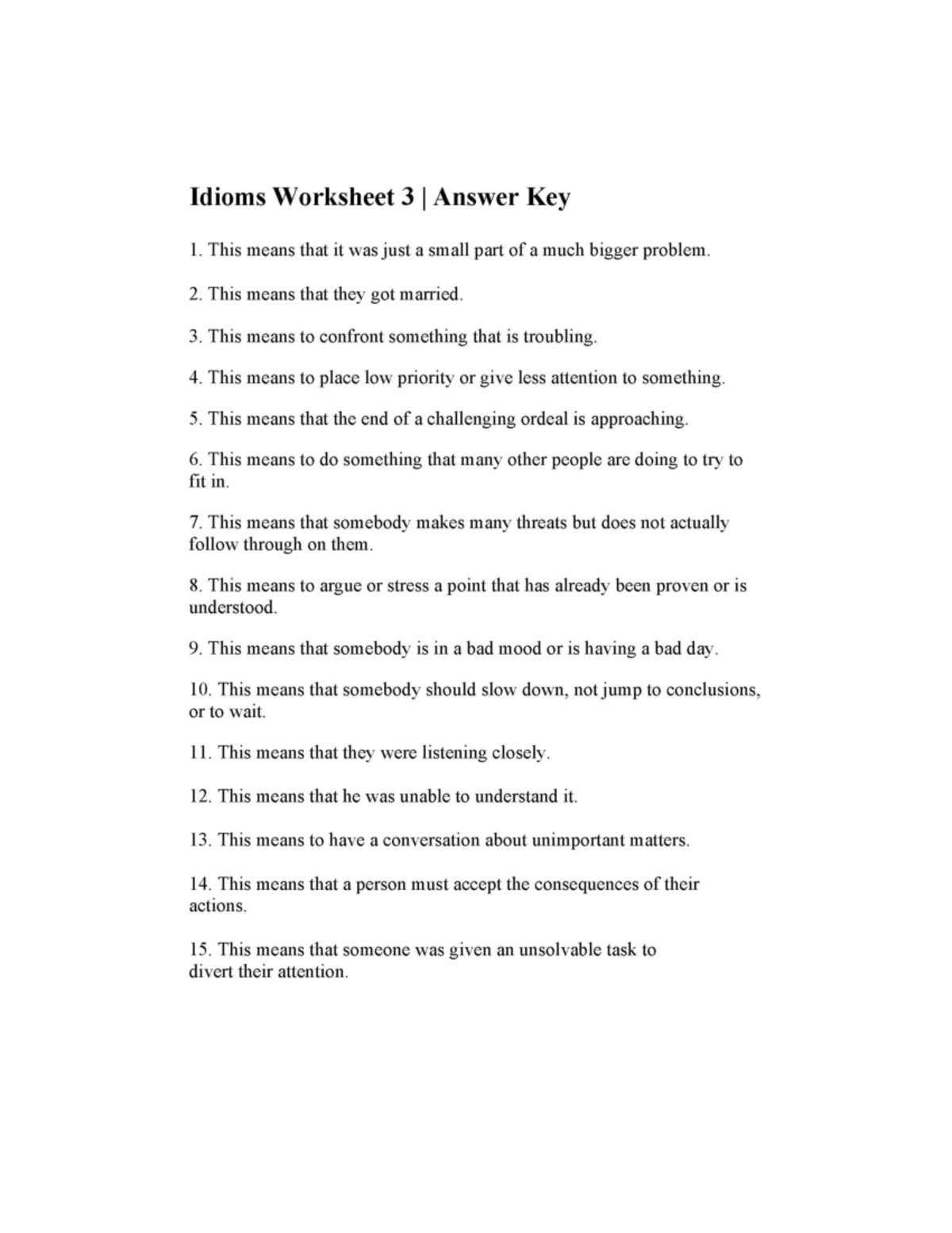 3 KEY - idioms worksheet 3 answer key - Reading Comprehension & Precis ...