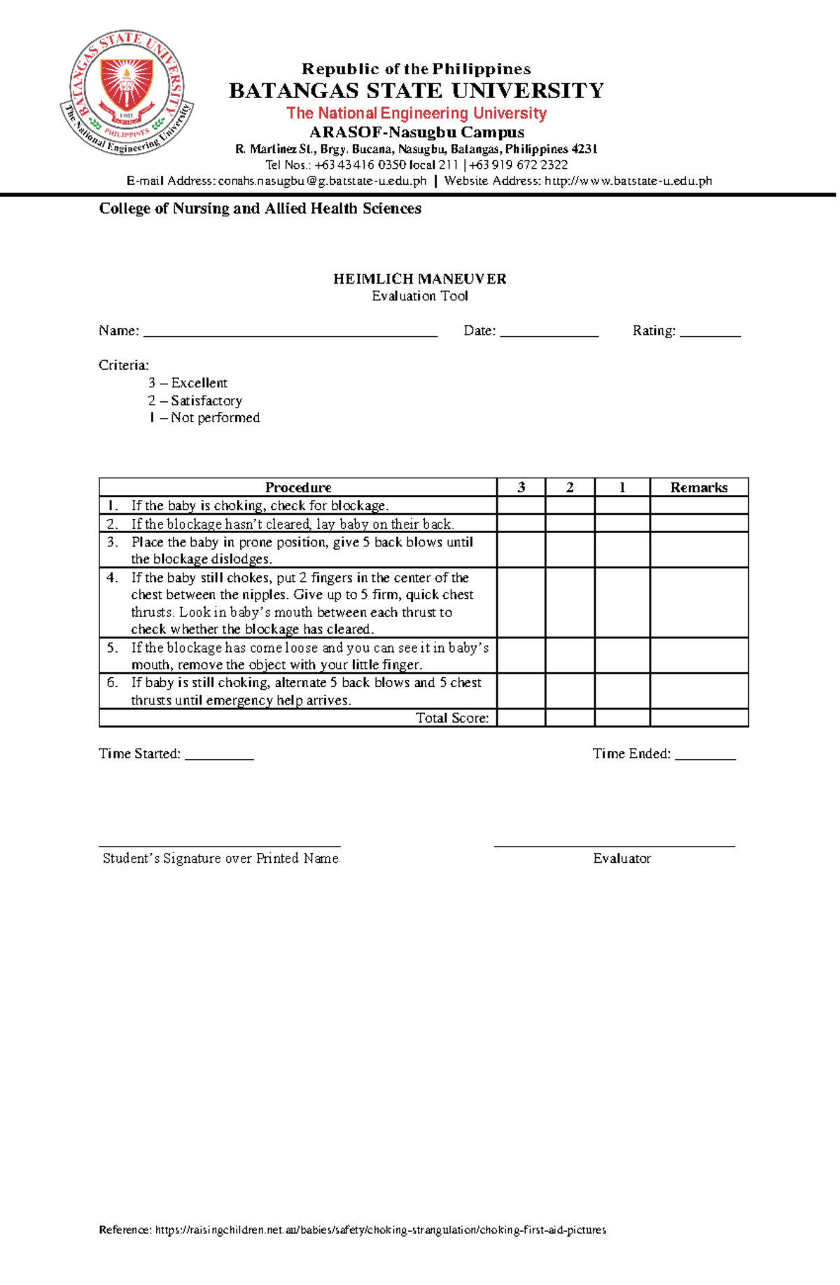 Heimlich Maneuver Evaluation Tool - Nursing Course Notes - Studocu