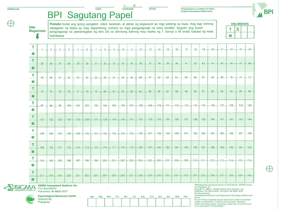 BPI Answer Sheet for Psychology Assessment - Studocu