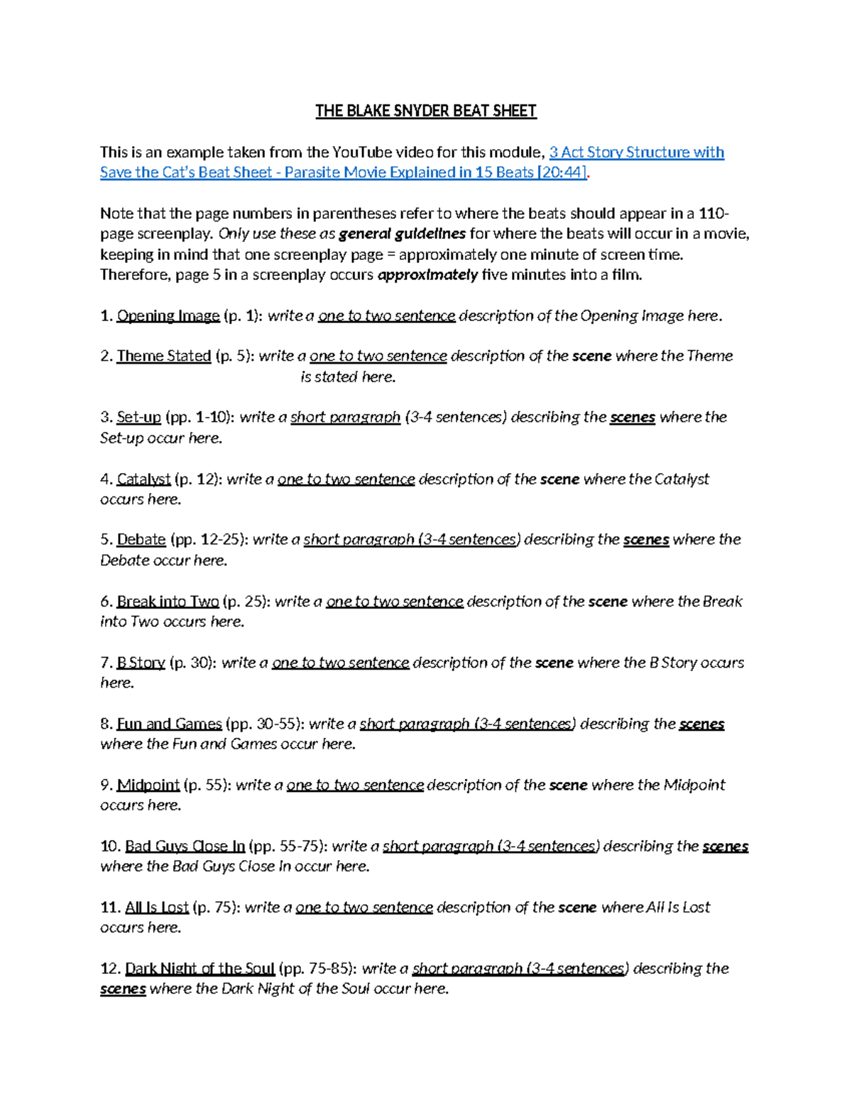 Blake Snyder Beat Sheet: 3 Act Structure Analysis - Studocu