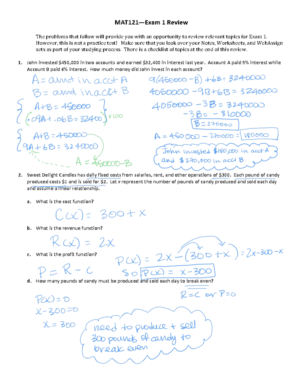 MATH 121 (Exam 1 Review) - MAT121—Exam 1 Review The problems that ...