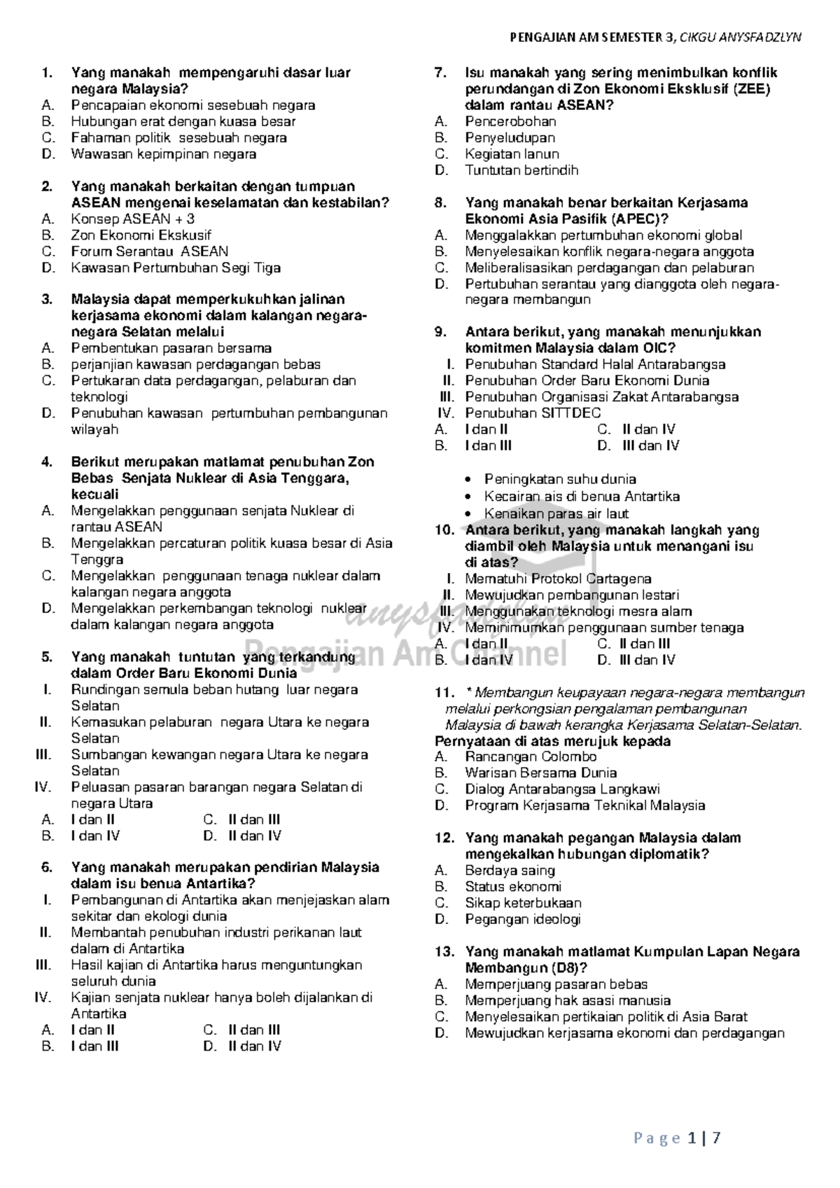 Objektif SEM 3 - Soalan Kuiz Dasar Luar Malaysia dan ASEAN - Studocu