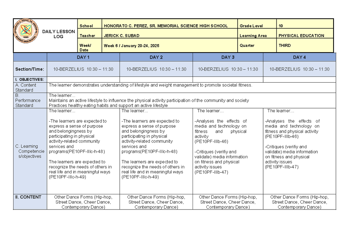 DLL Mapeh 10 W6 - to create a. kind of daily lesson log - DAILY LESSON ...