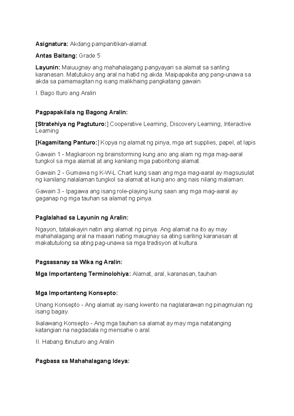 Baitang 5: Lesson Plan sa Alamat ng Pinya at mga Aral nito - Studocu