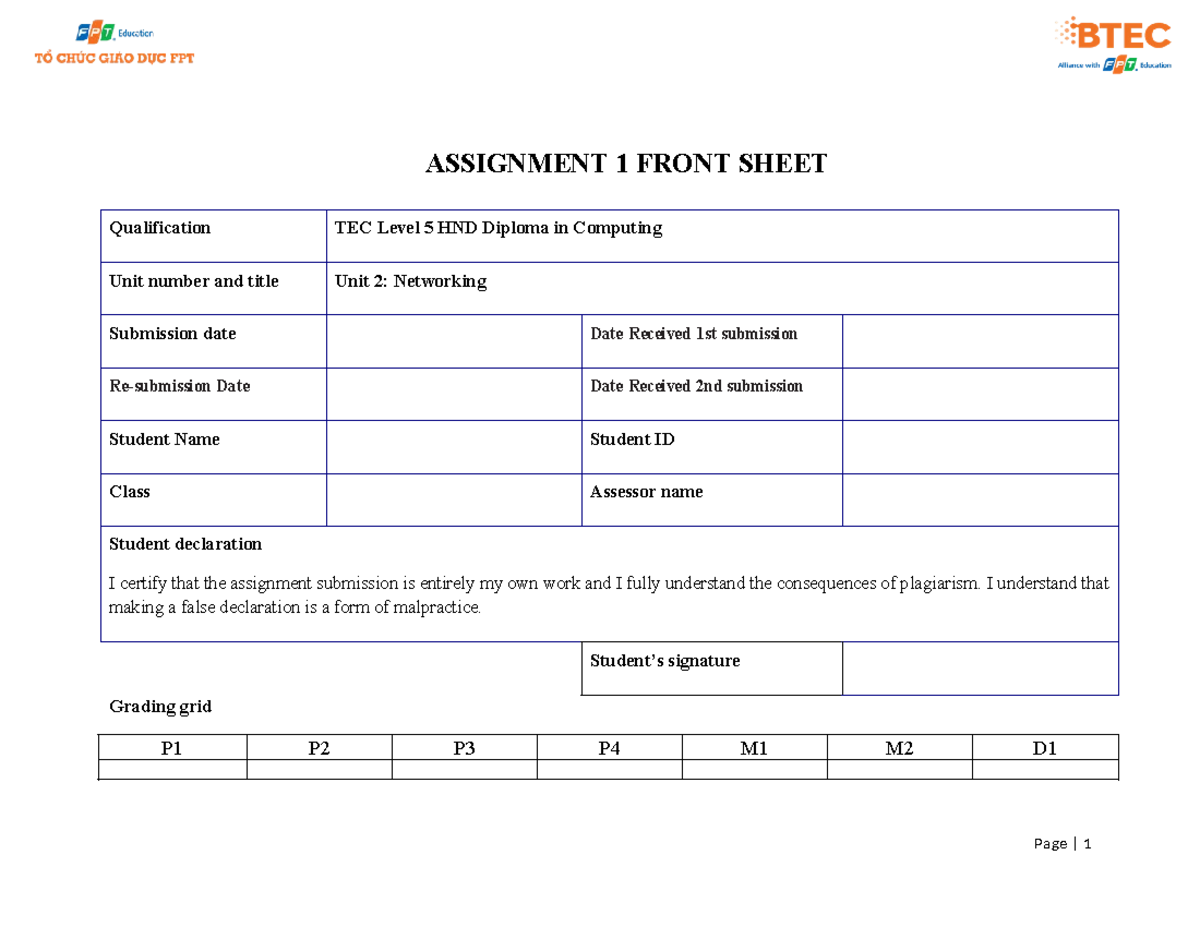 Networking Assignment 1 frontsheet - ASSIGNMENT 1 FRONT SHEET ...