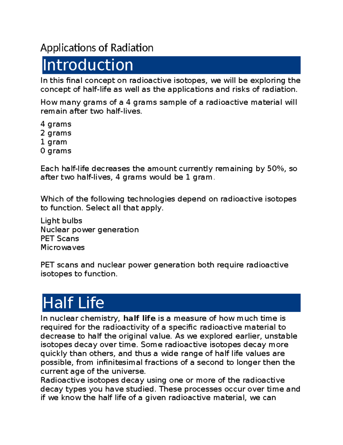 Applications of Radiation in Healthcare and Its Risks (Final Exam ...