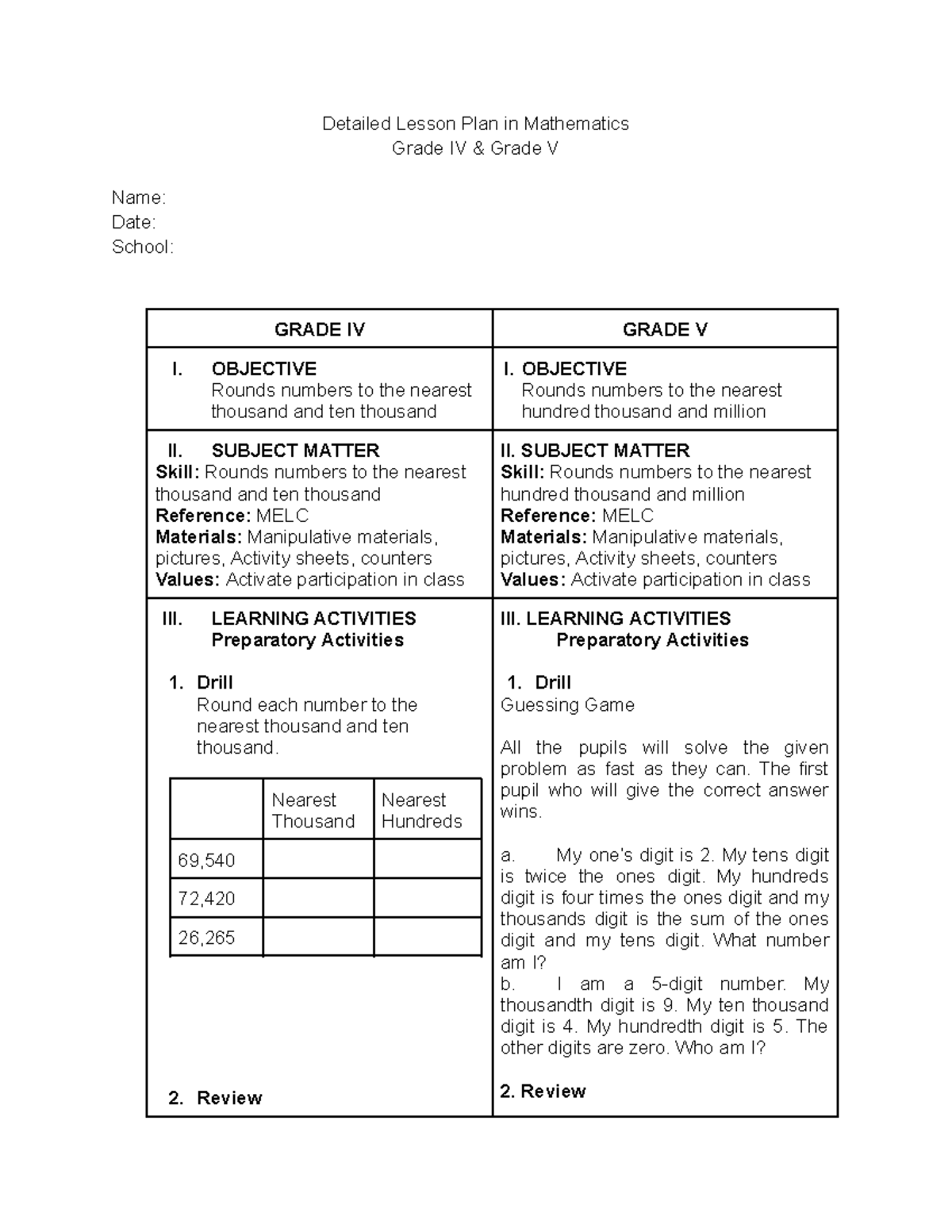 Detailed Lesson Plan for Math 4 & 5: Rounding Numbers Concepts - Studocu