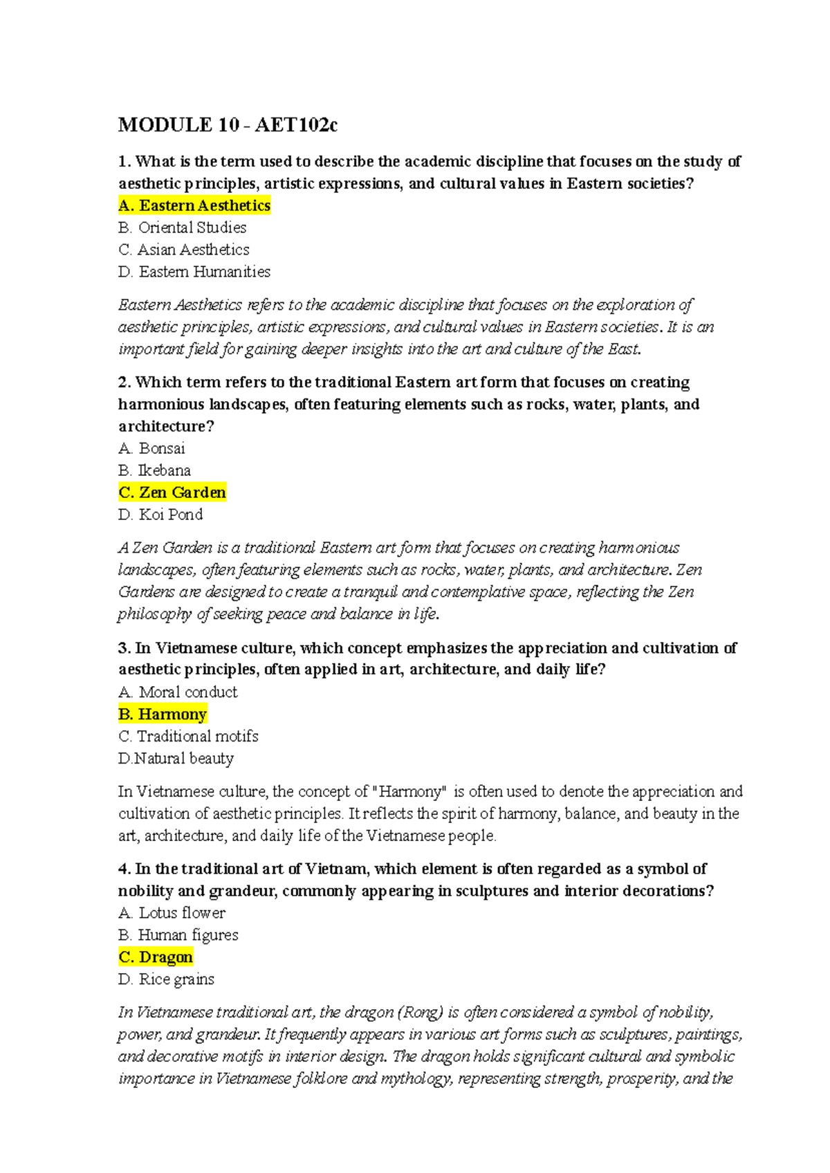 Module 10 - AET102: Eastern Aesthetics and Cultural Values - Studocu