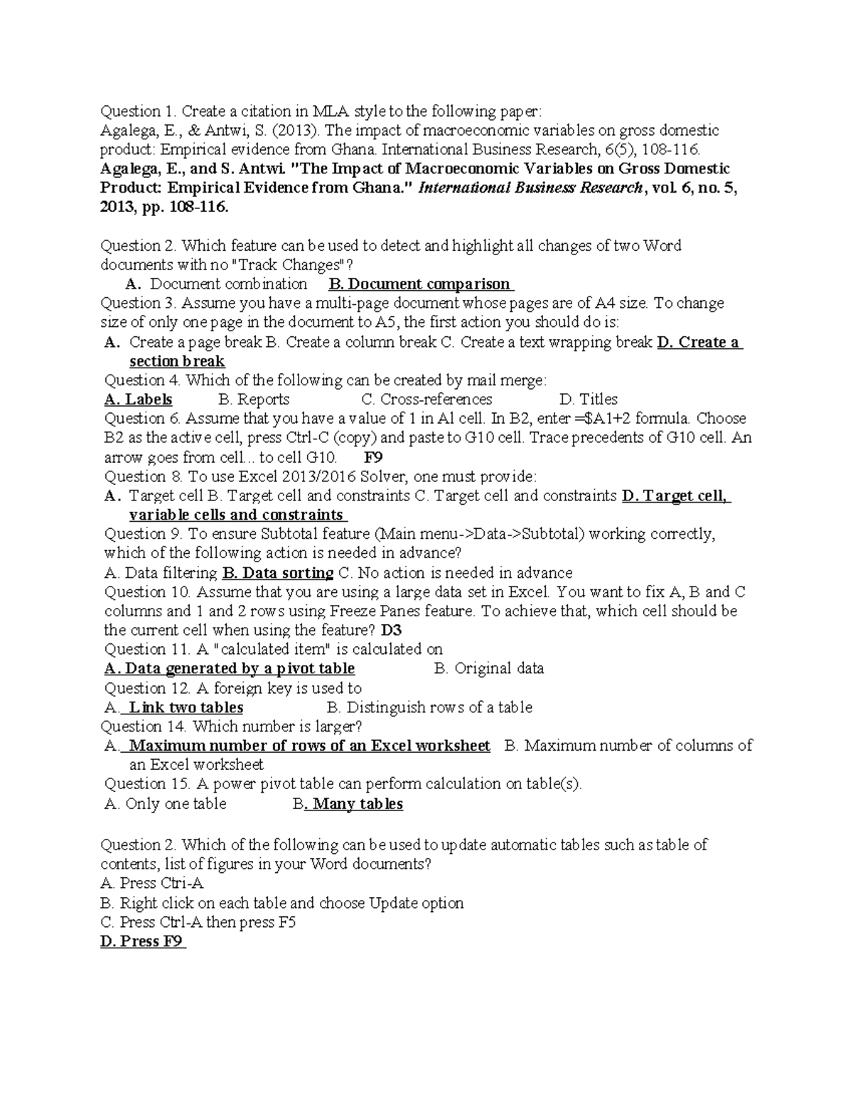 MLA citation and Excel features quiz questions for IT 101 - Studocu