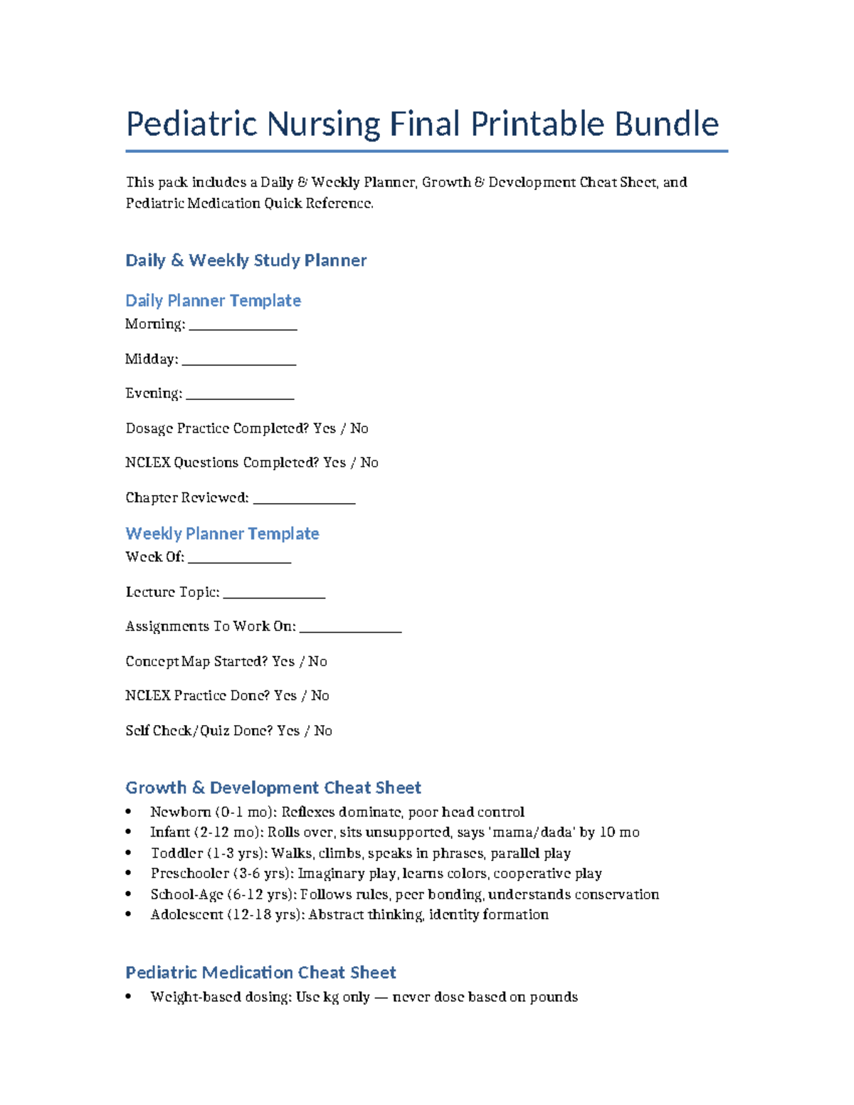 Pediatric Nursing Final Exam Study Bundle: Planners & Cheat Sheets ...