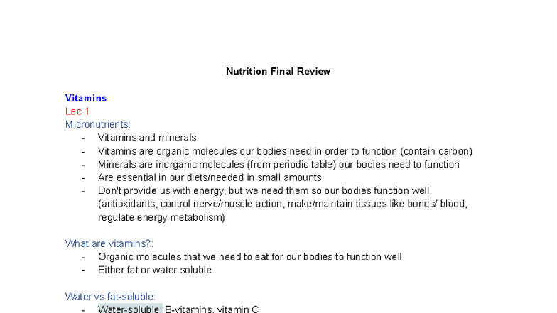 Nutrition Final Review: Vitamins and Minerals Overview (NUTR 101) - Studocu