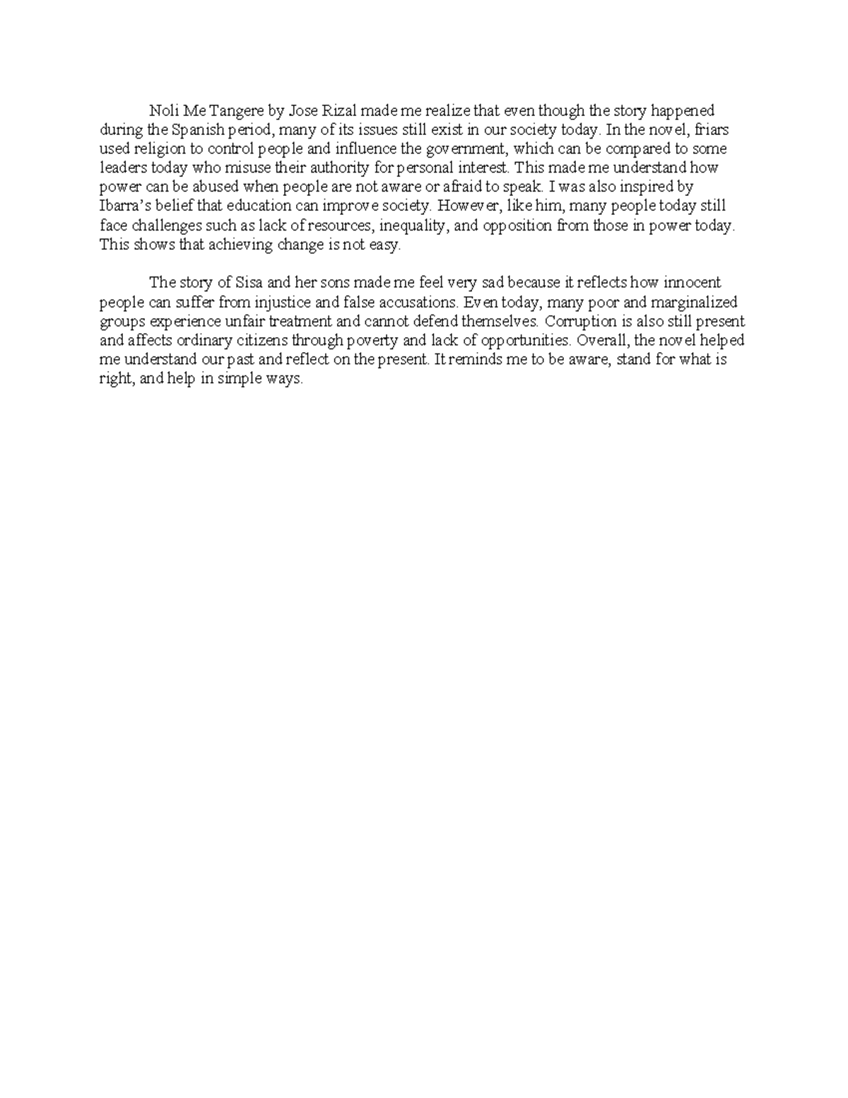 Reflection Paper on Noli Me Tangere: Lessons for Today's Society - Studocu