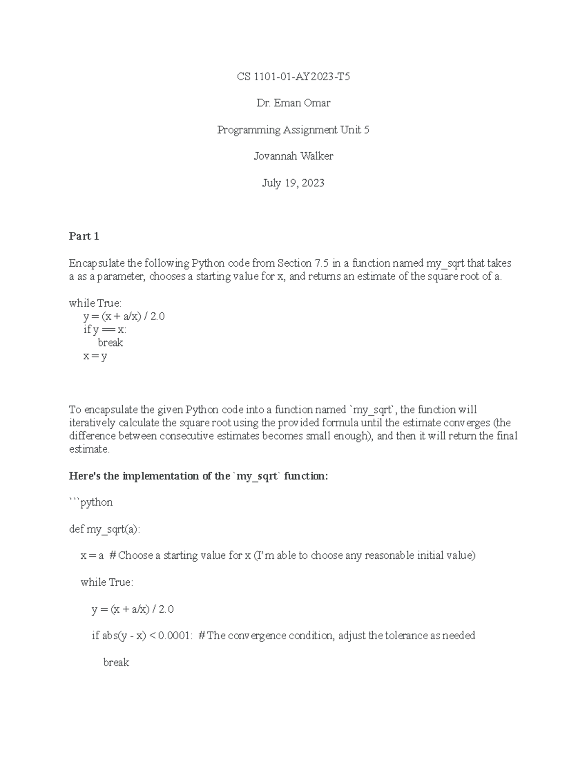 Programming Assignment Unit 5 - CS 1101-01-AY2023-T Dr. Eman Omar Programming Assignment Unit 5 ...