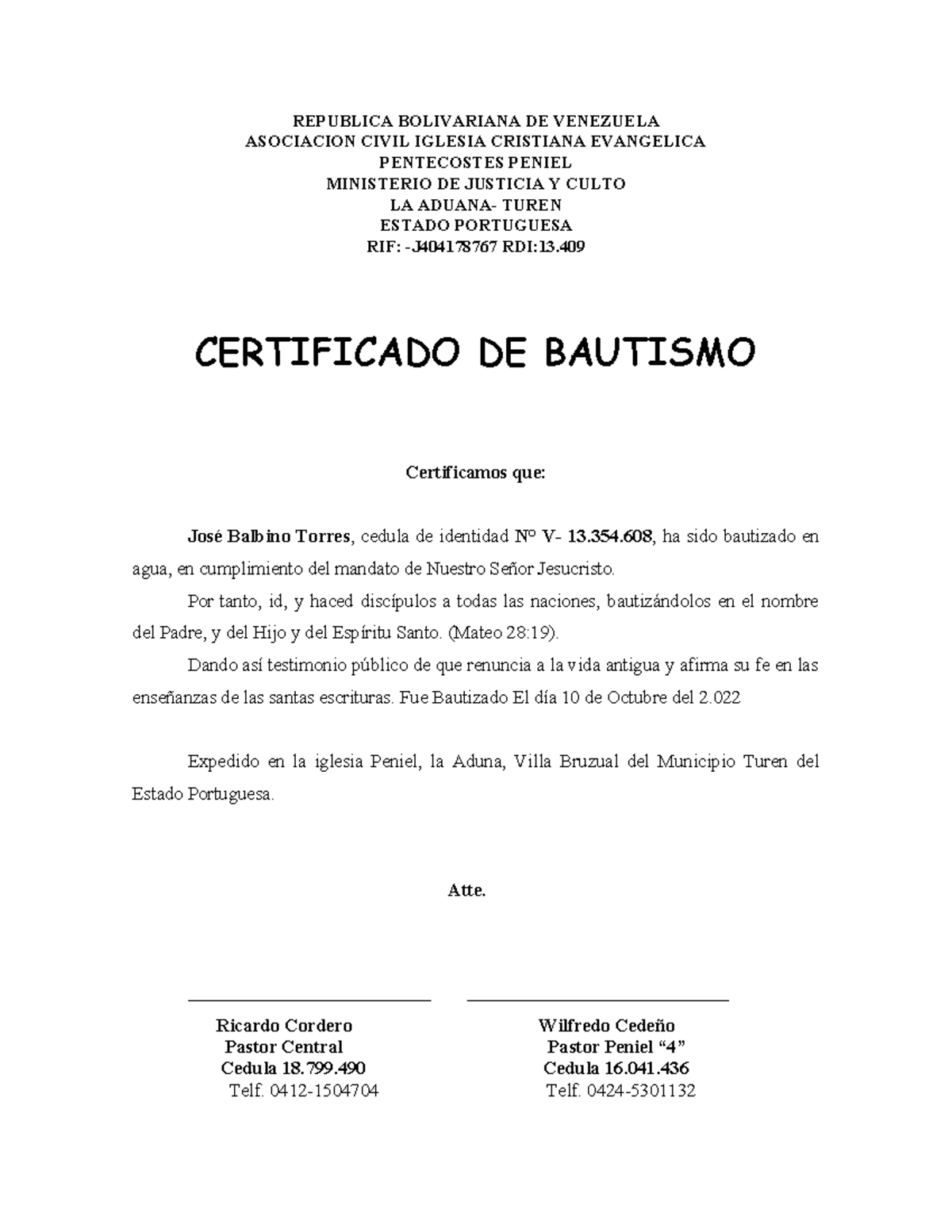 Modelo De Certificado De Bautismo De La Iglesia
