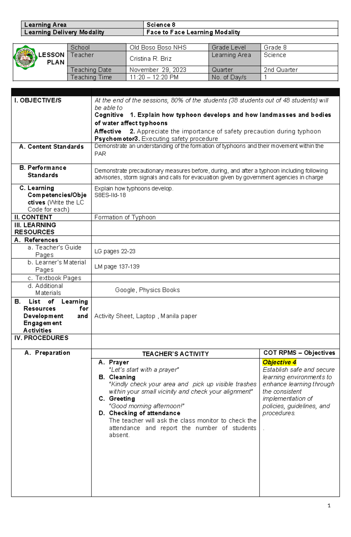 BRIZ-CO2 - lesson plan - Learning Area Science 8 Learning Delivery Modality Face to Face ...