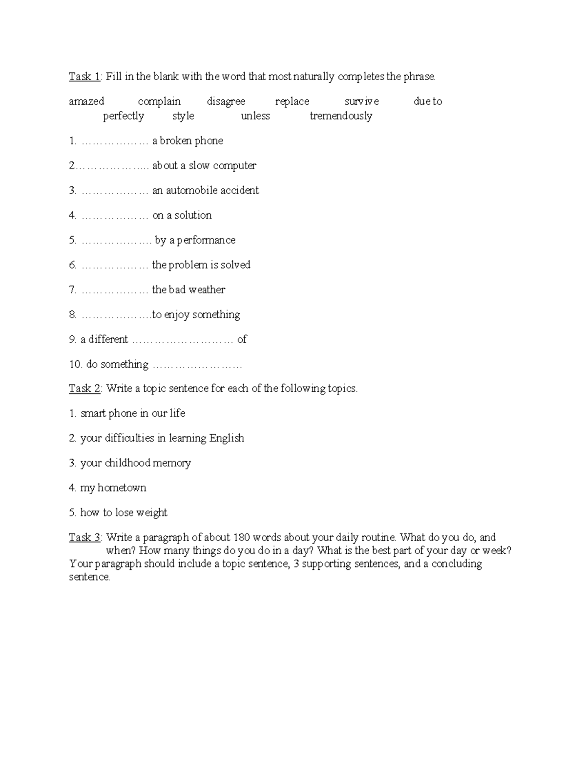 Week 5: Fill in the Blanks & Topic Sentences Exercise - Studocu