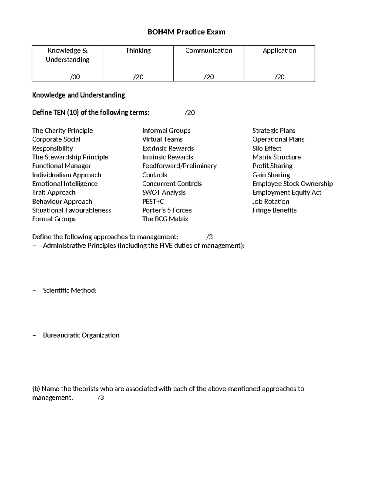 BOH4M Final Exam Practice: Key Terms & Management Approaches - Studocu