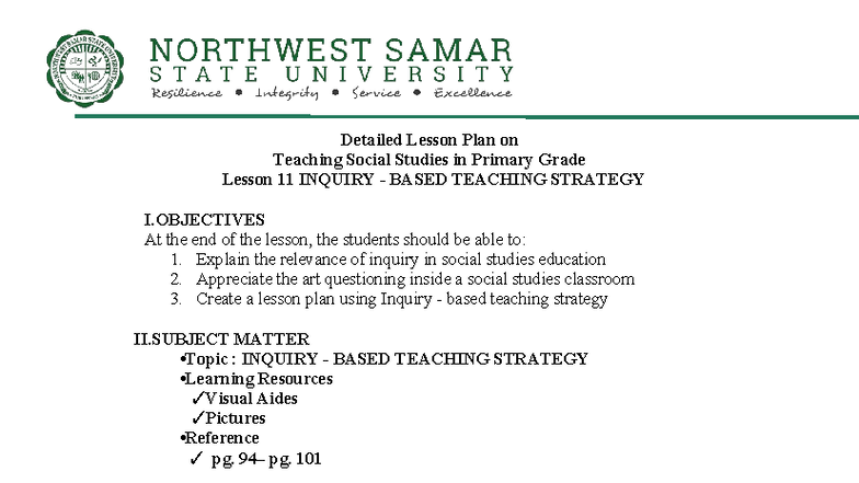 Social Studies Lesson Plan: Inquiry-Based Teaching Strategy (Lesson 11) - Studocu