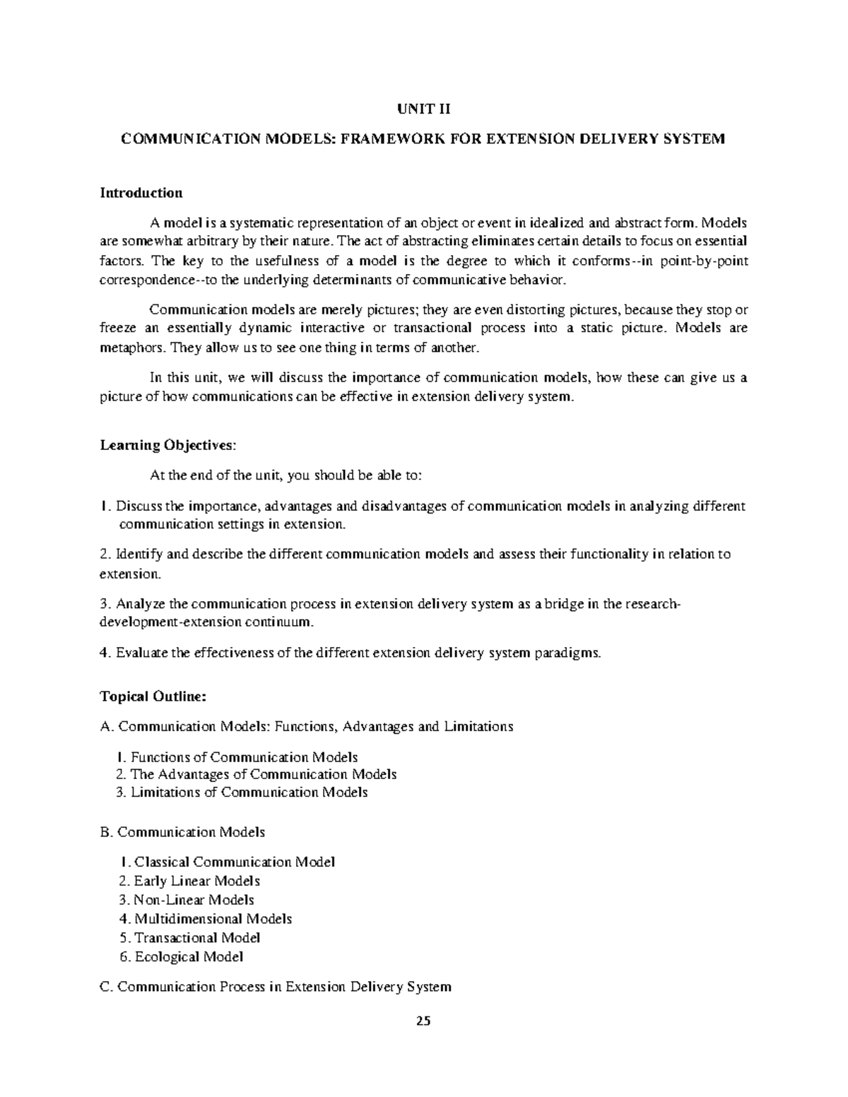 UNIT 2: Framework of Communication Models in Extension Delivery System ...