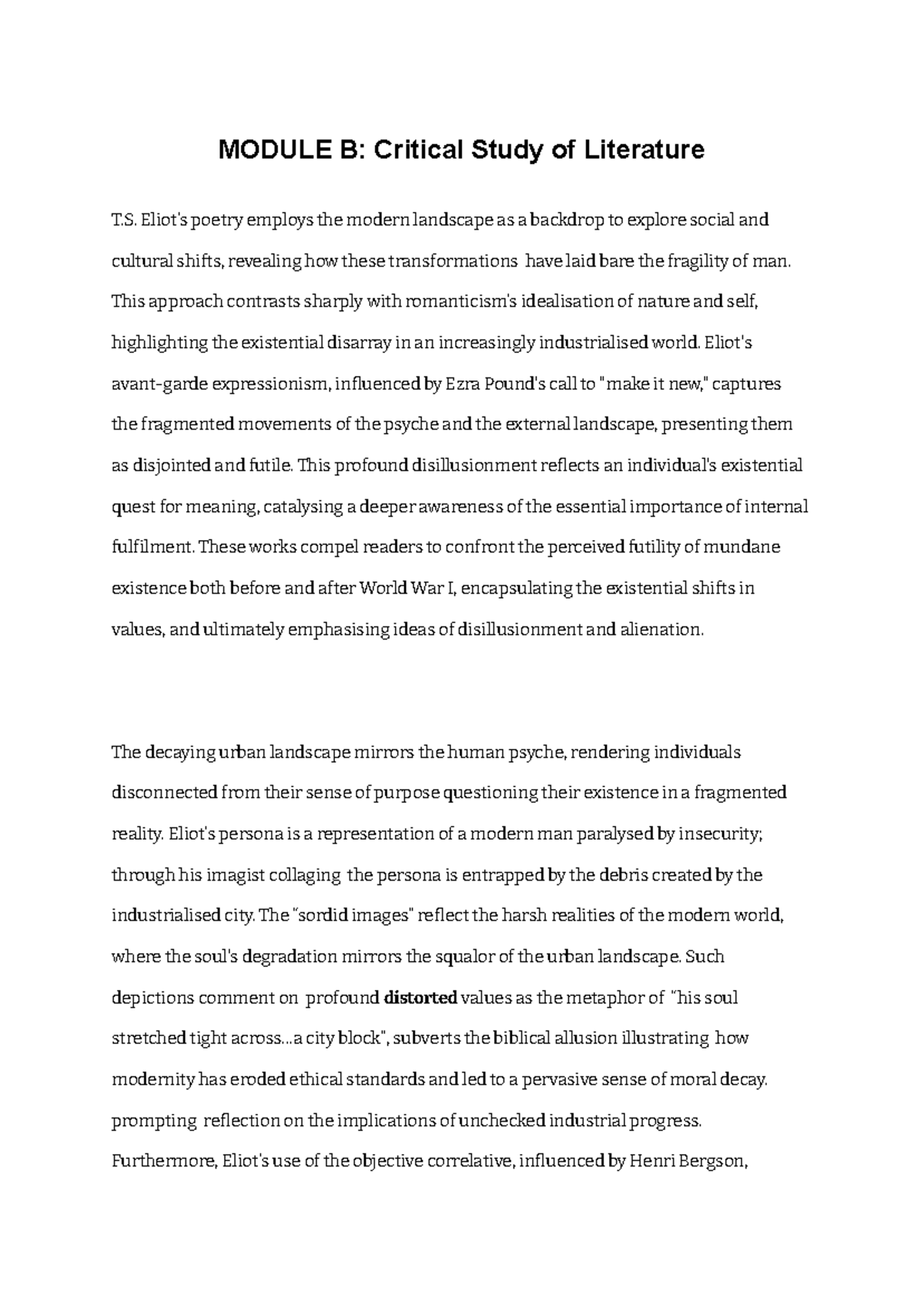 Module B: Critical Analysis of T.S. Eliot's Modernist Poetry - Studocu