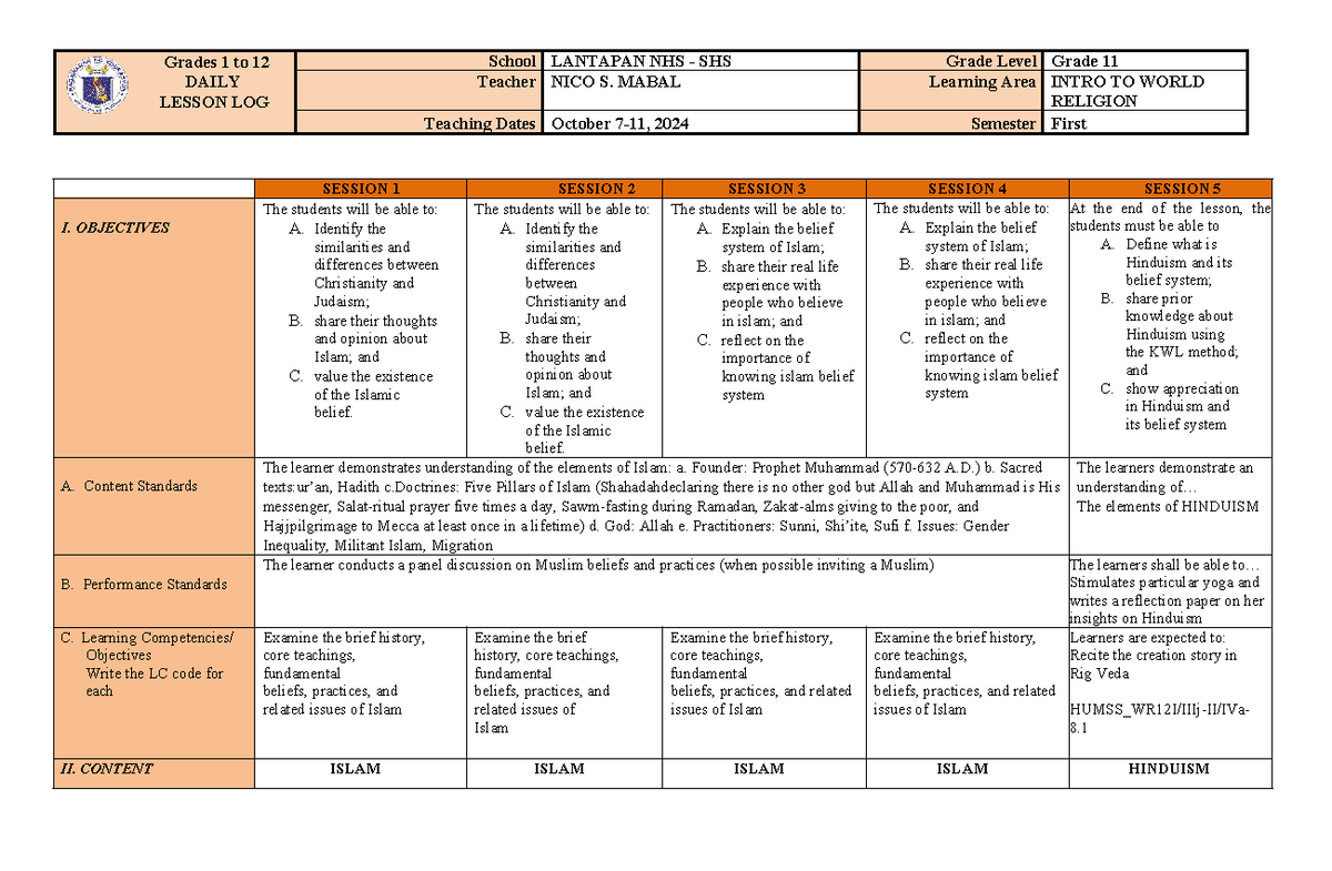 Islam and Hinduism Lesson Plan - IWRBS DLL - Grade 11 - Studocu