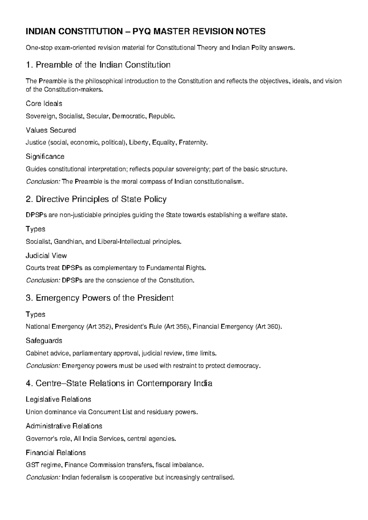 Indian Constitution PYQ Master Revision Notes for Polity & Theory - Studocu