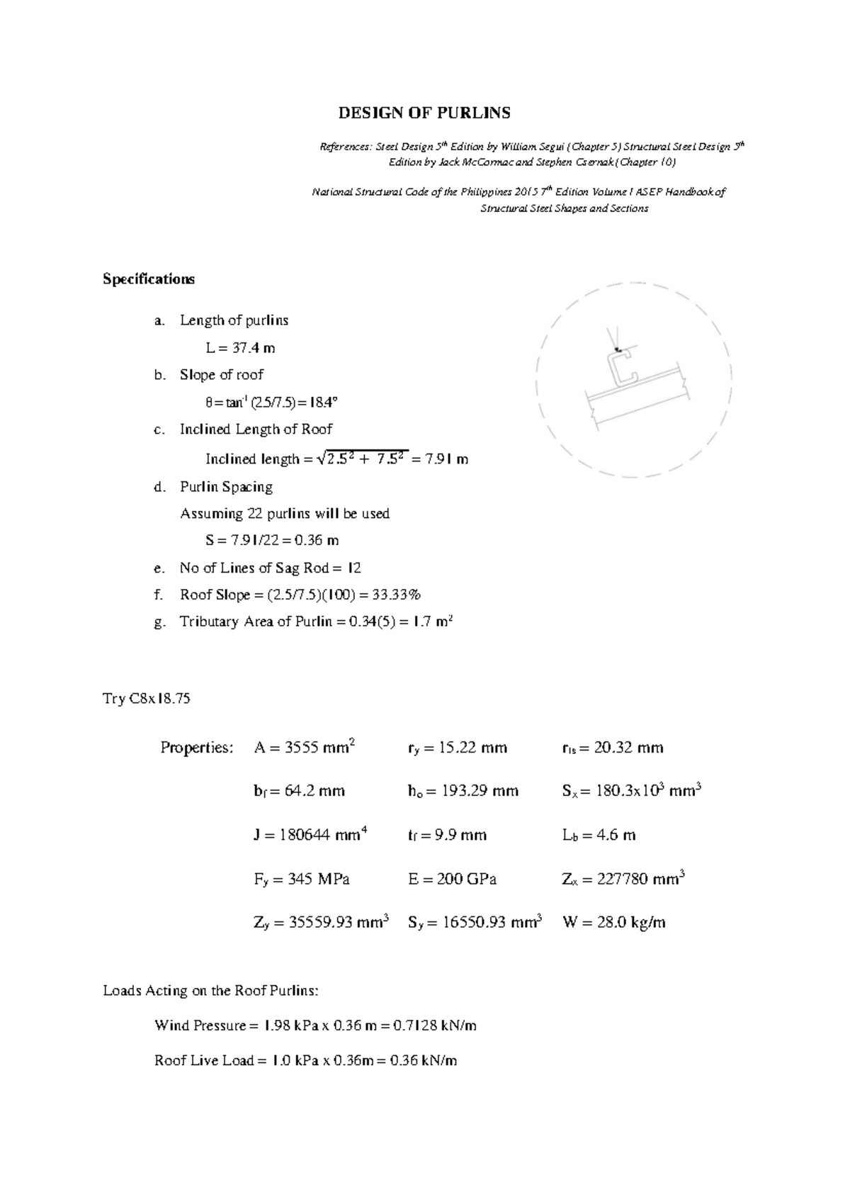 DESIGN OF PURLINS: Steel Design C8x18.75 Analysis and Calculations ...